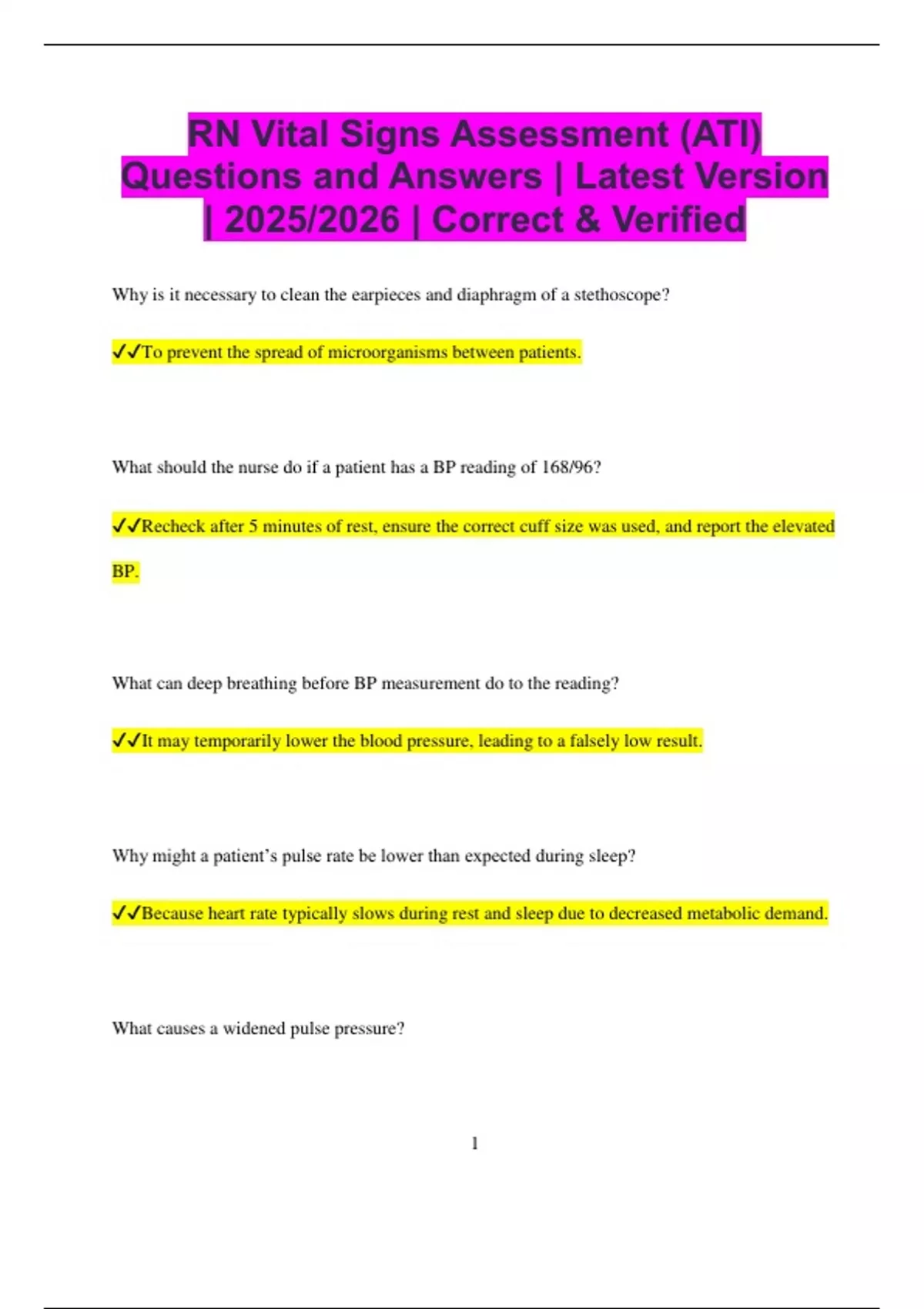 RN Vital Signs Assessment (ATI) Questions and Answers | Latest Version ...