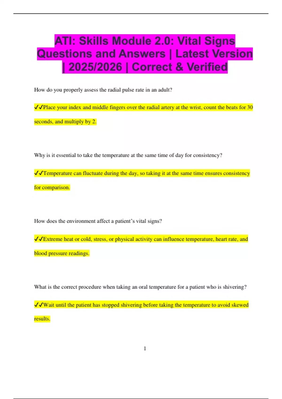 ATI: Skills Module 2.0: Vital Signs Questions and Answers | Latest ...
