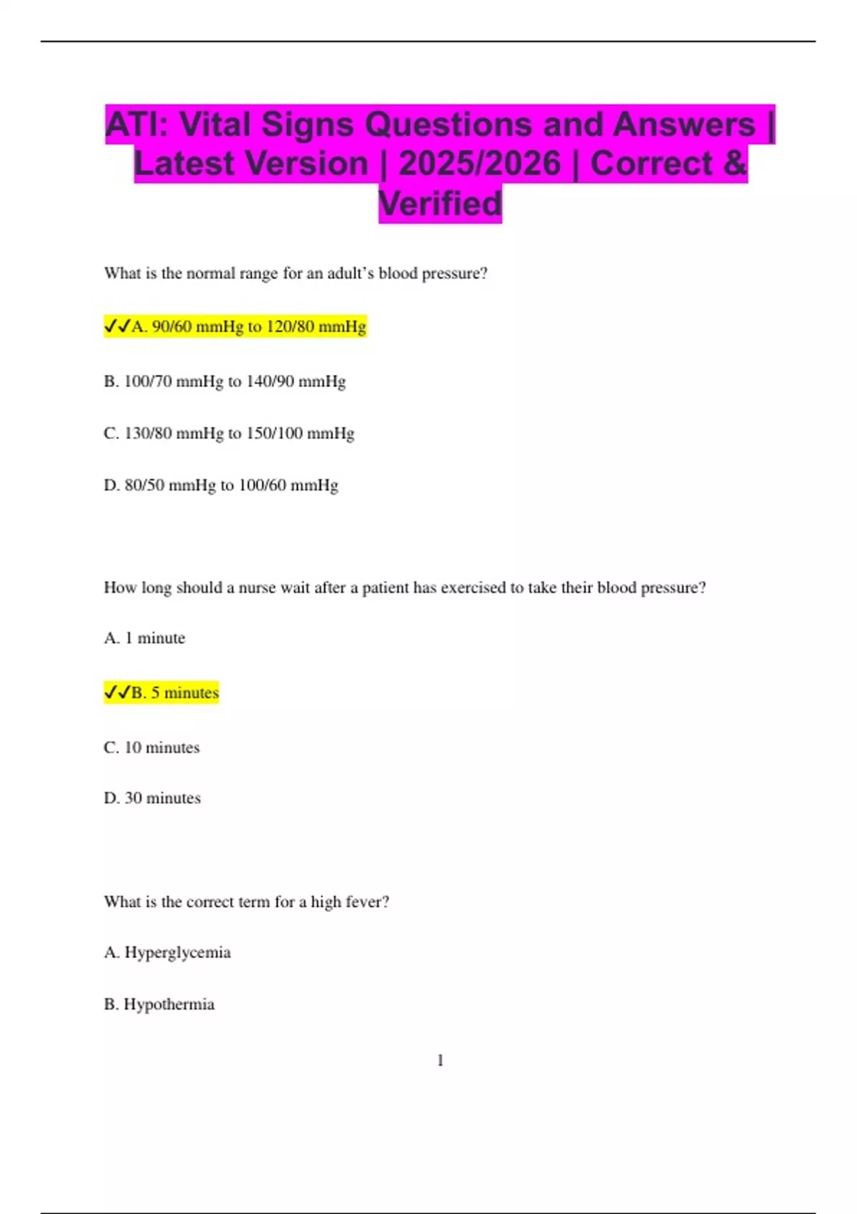 ATI: Vital Signs Questions and Answers | Latest Version | 2025/2026 ...