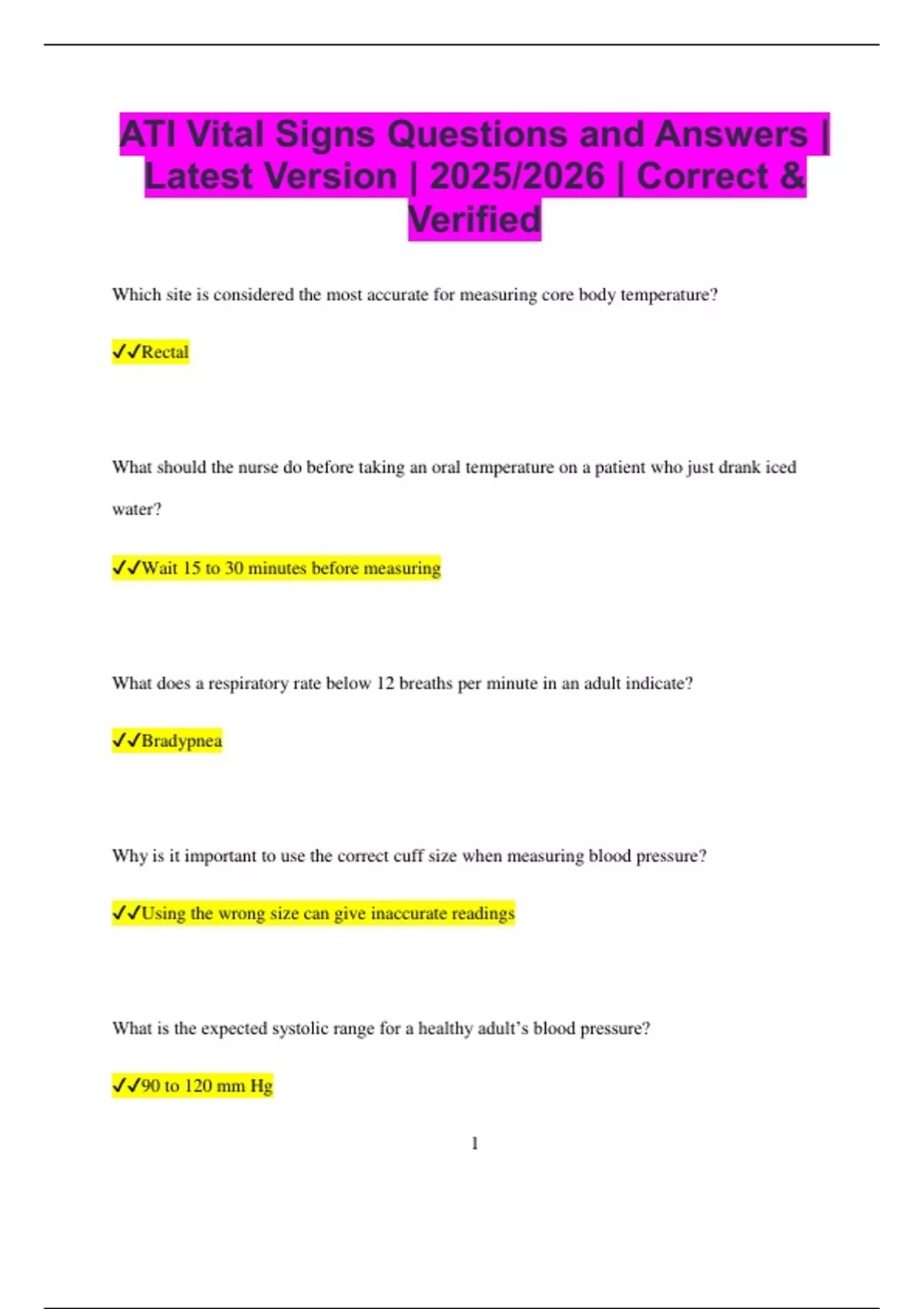ATI Vital Signs Questions and Answers | Latest Version | 2025/2026 ...