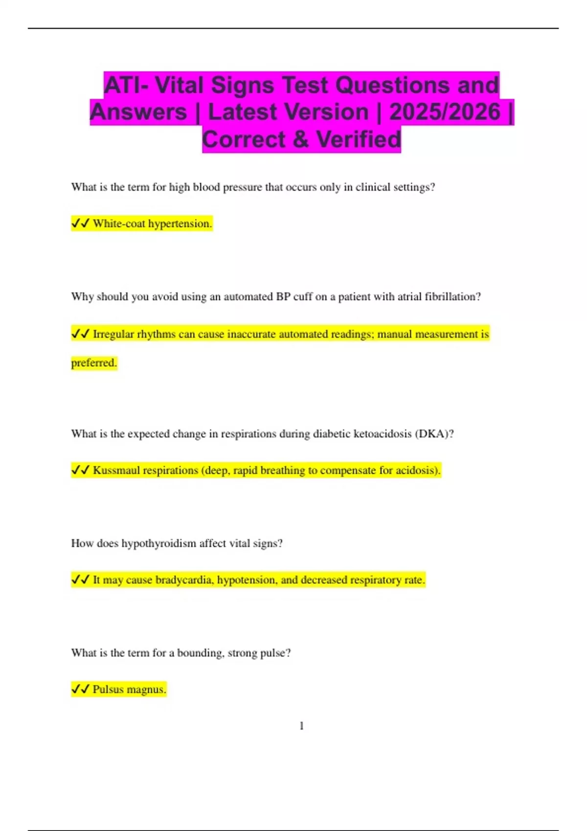 ATI- Vital Signs Test Questions and Answers | Latest Version | 2025/ ...