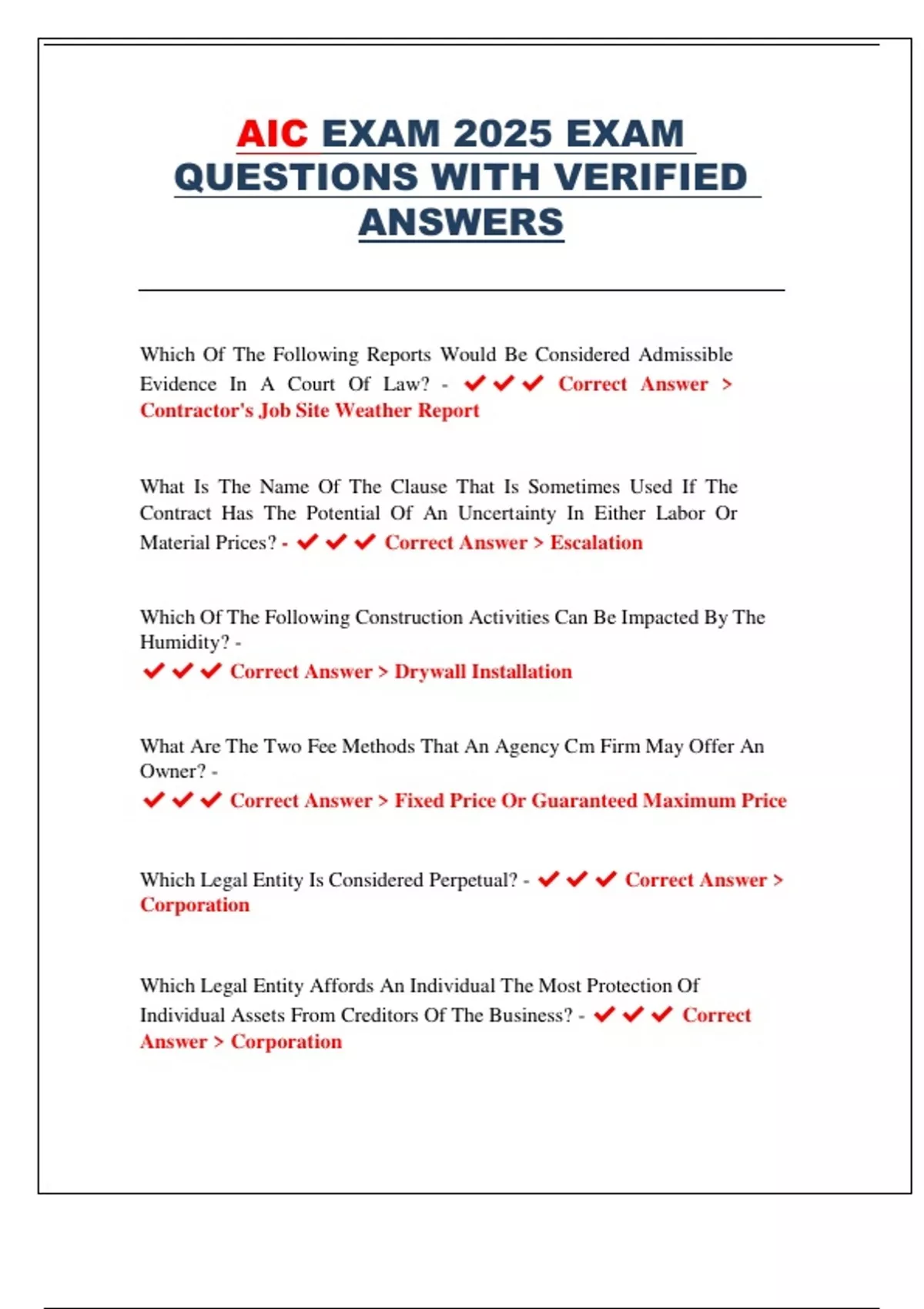 AIC EXAM 2025 EXAM QUESTIONS WITH VERIFIED ANSWERS - AIC - Stuvia US