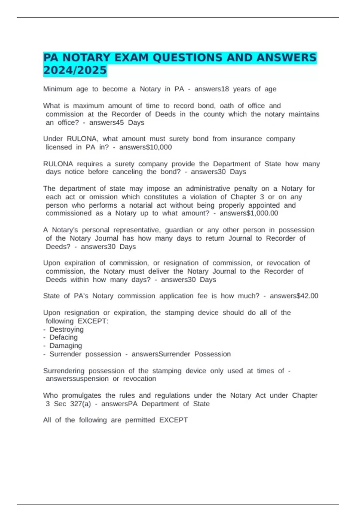 PA NOTARY EXAM QUESTIONS AND ANSWERS 2024/2025 - PA NOTARY - Stuvia US