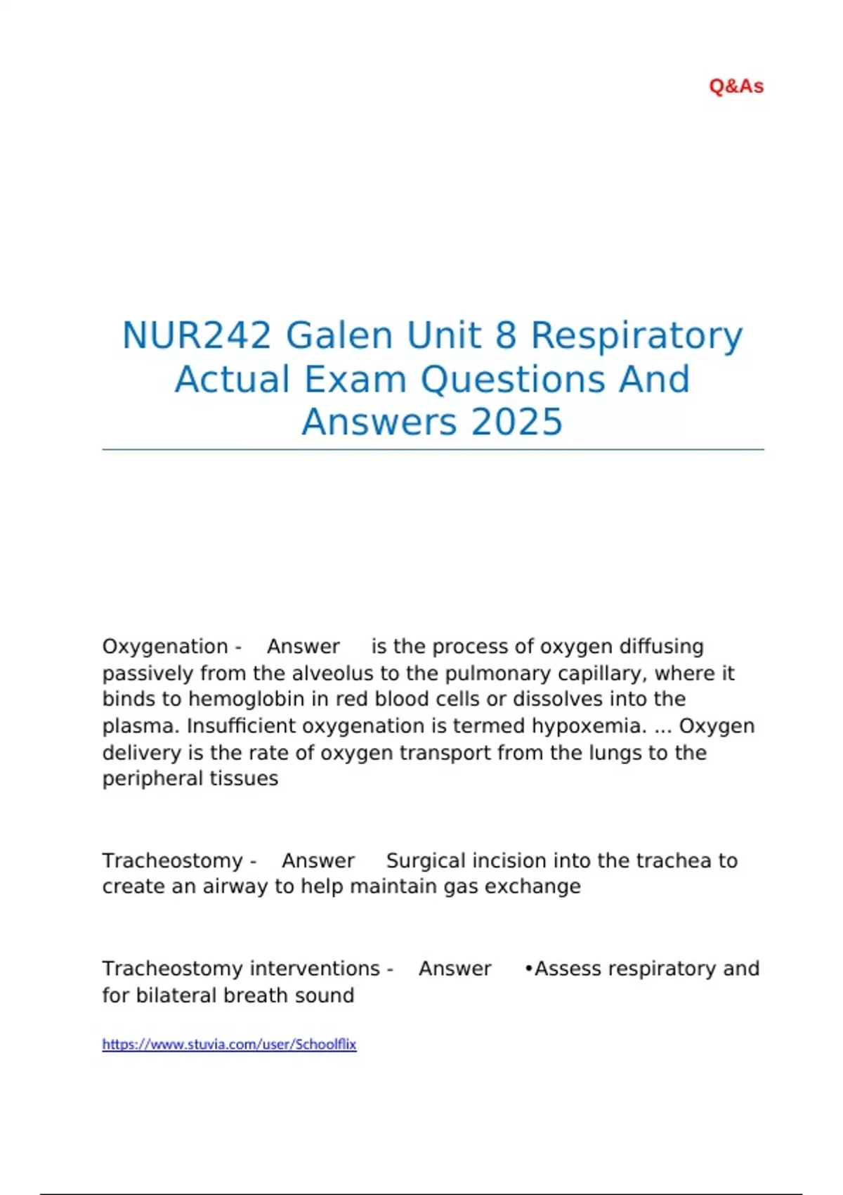 NUR242 Galen Unit 8 Respiratory Actual Exam Questions And Answers 2025 ...