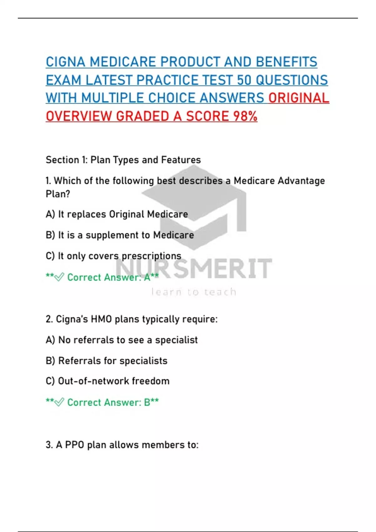 CIGNA MEDICARE PRODUCT AND BENEFITS EXAM LATEST2025/2026 PRACTICE TEST ...