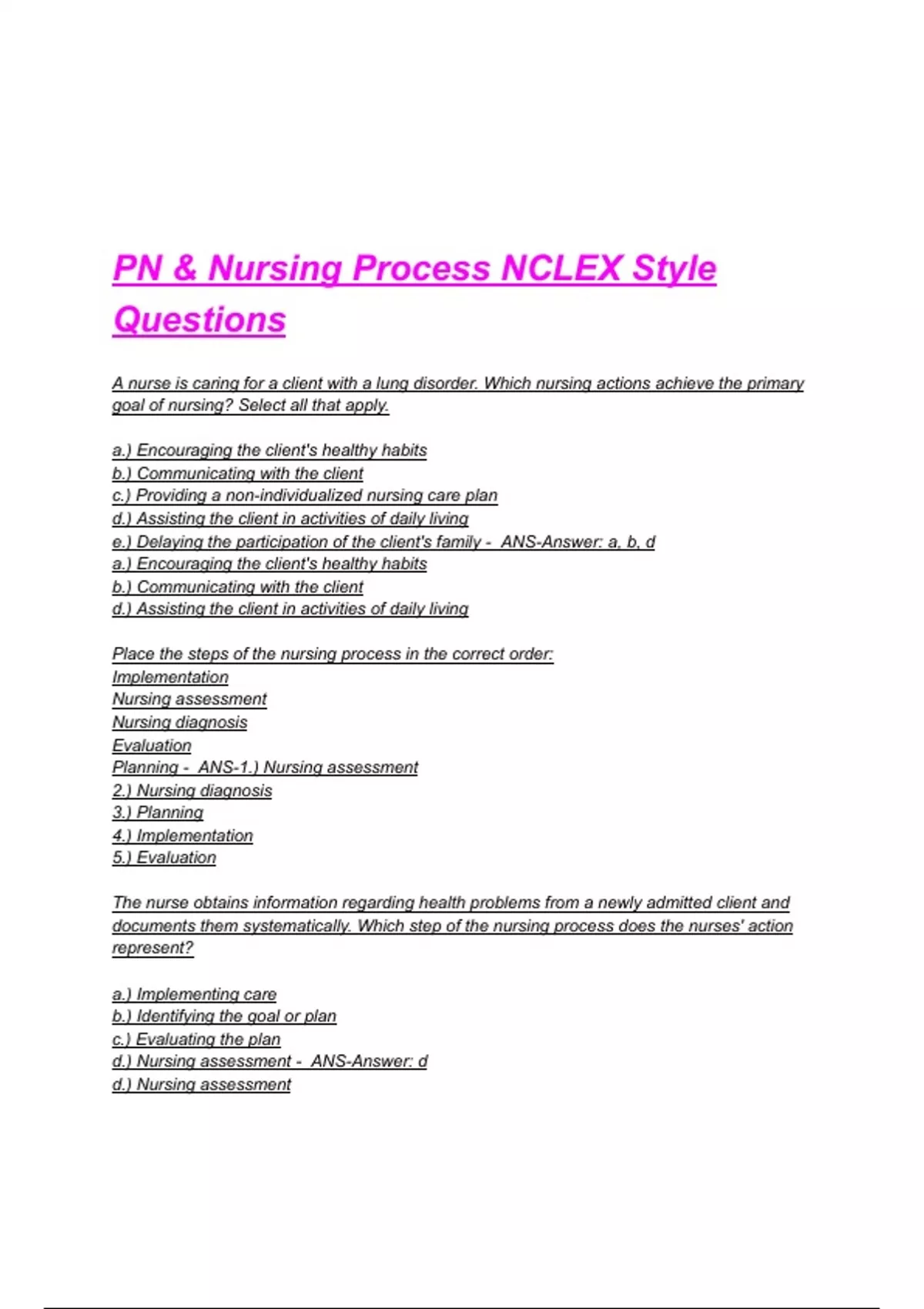 PN & Nursing Process NCLEX Style Questions with correct Answers 2025/ ...