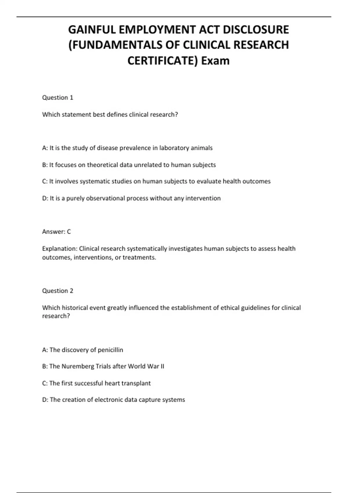 GAINFUL EMPLOYMENT ACT DISCLOSURE (FUNDAMENTALS OF CLINICAL RESEARCH CERTIFICATE) Exam ...
