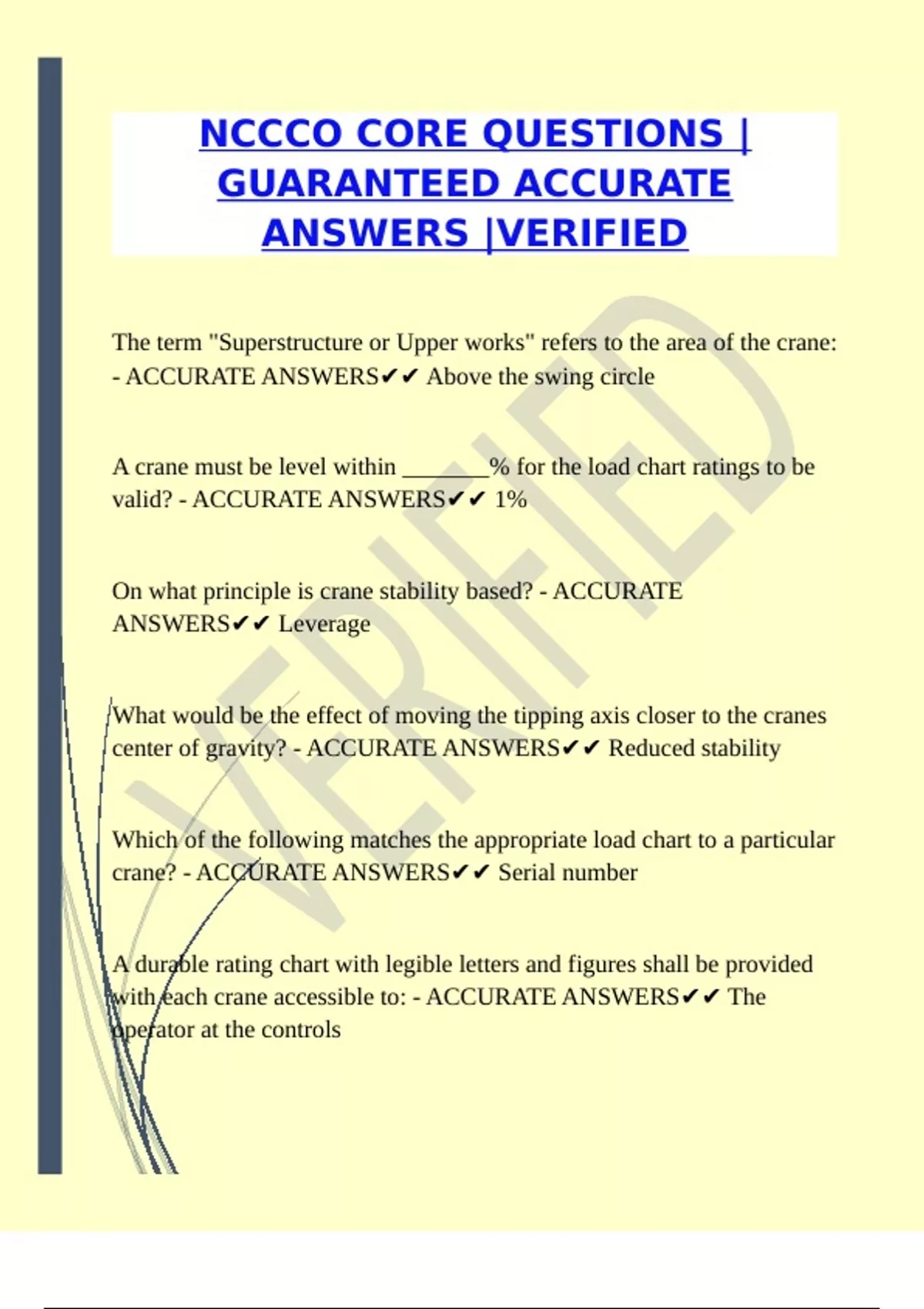 NCCCO CORE QUESTIONS |GUARANTEED ACCURATE ANSWERS |VERIFIED - NCCCO ...