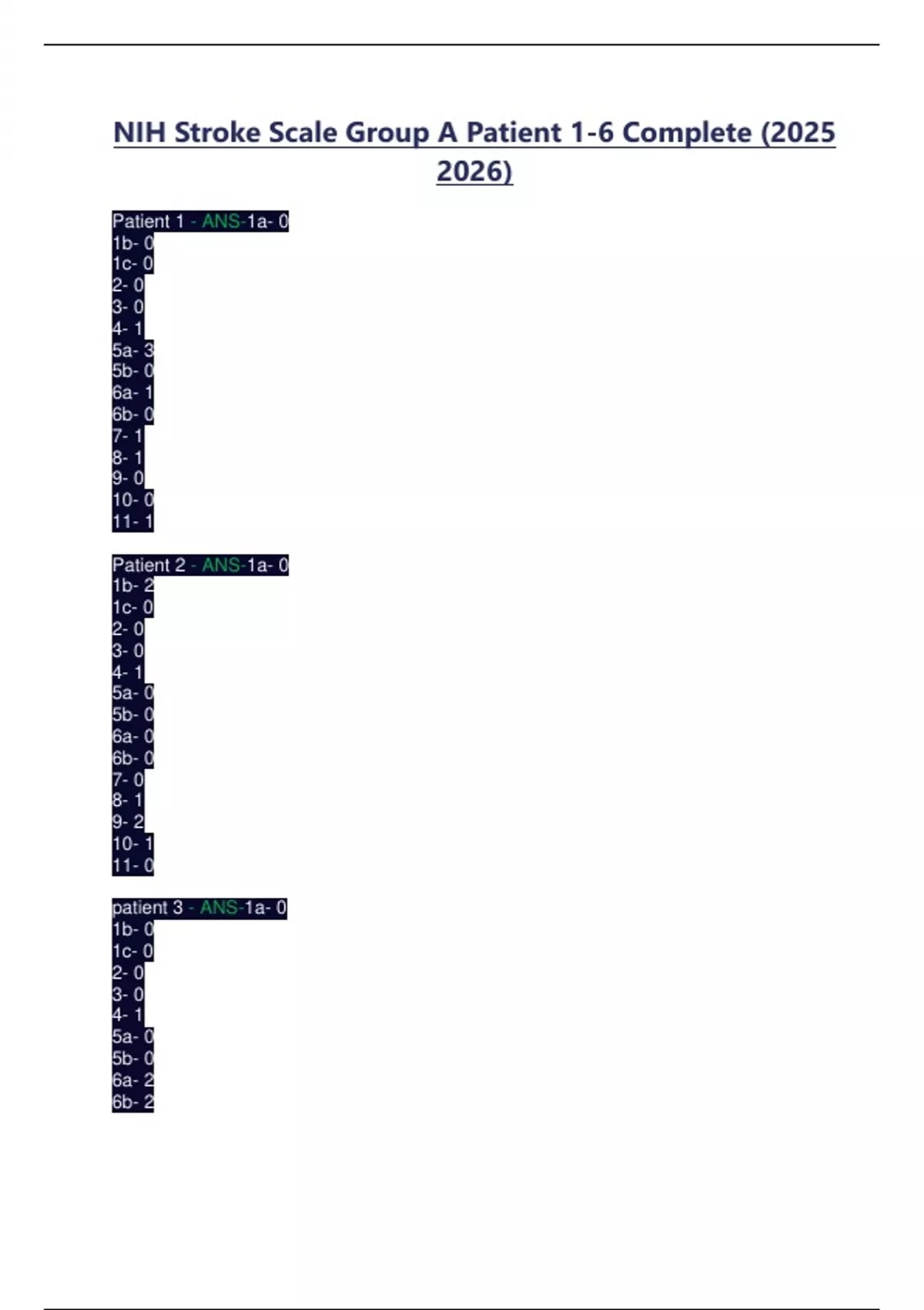 NIH Stroke Scale Group A Patient 1-6 Complete () - NIHSS - Stuvia US