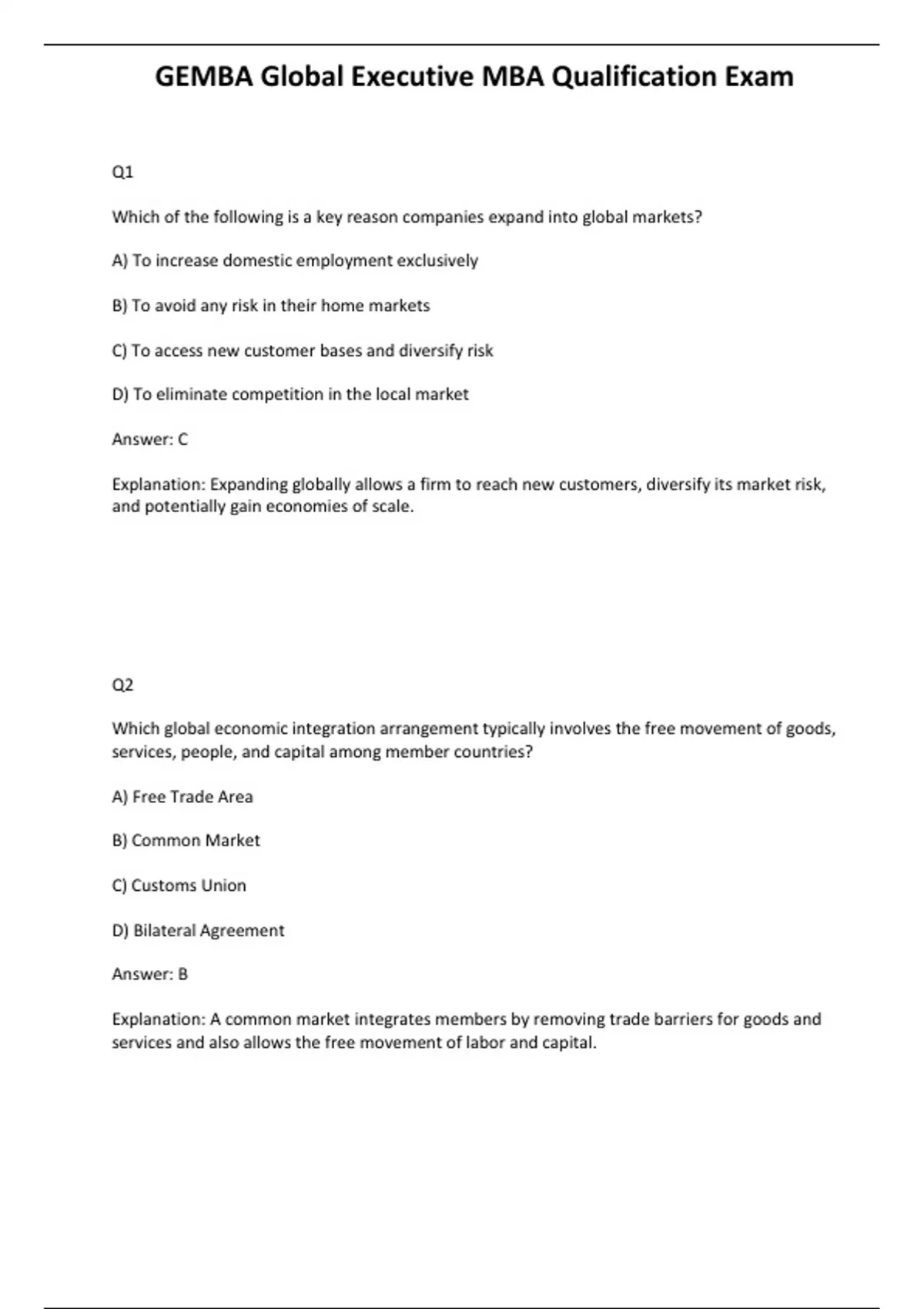 GEMBA Global Executive MBA Qualification Exam - Computers - Stuvia US
