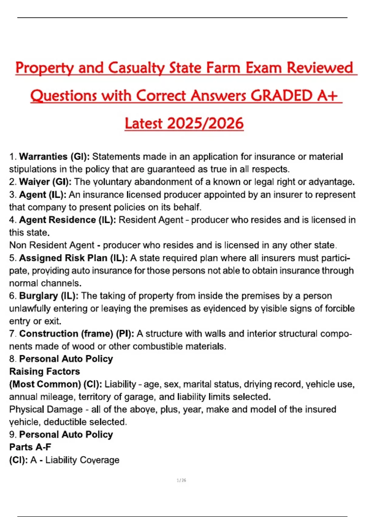 Property and Casualty State Farm Exam Reviewed Questions with Correct ...