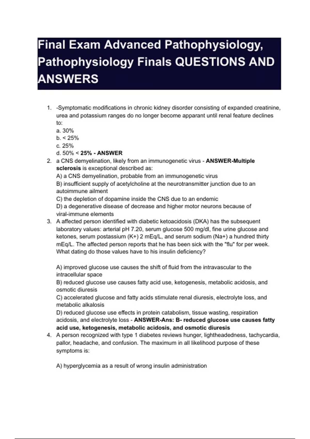 Final Exam Advanced Pathophysiology, Pathophysiology Finals QUESTIONS ...