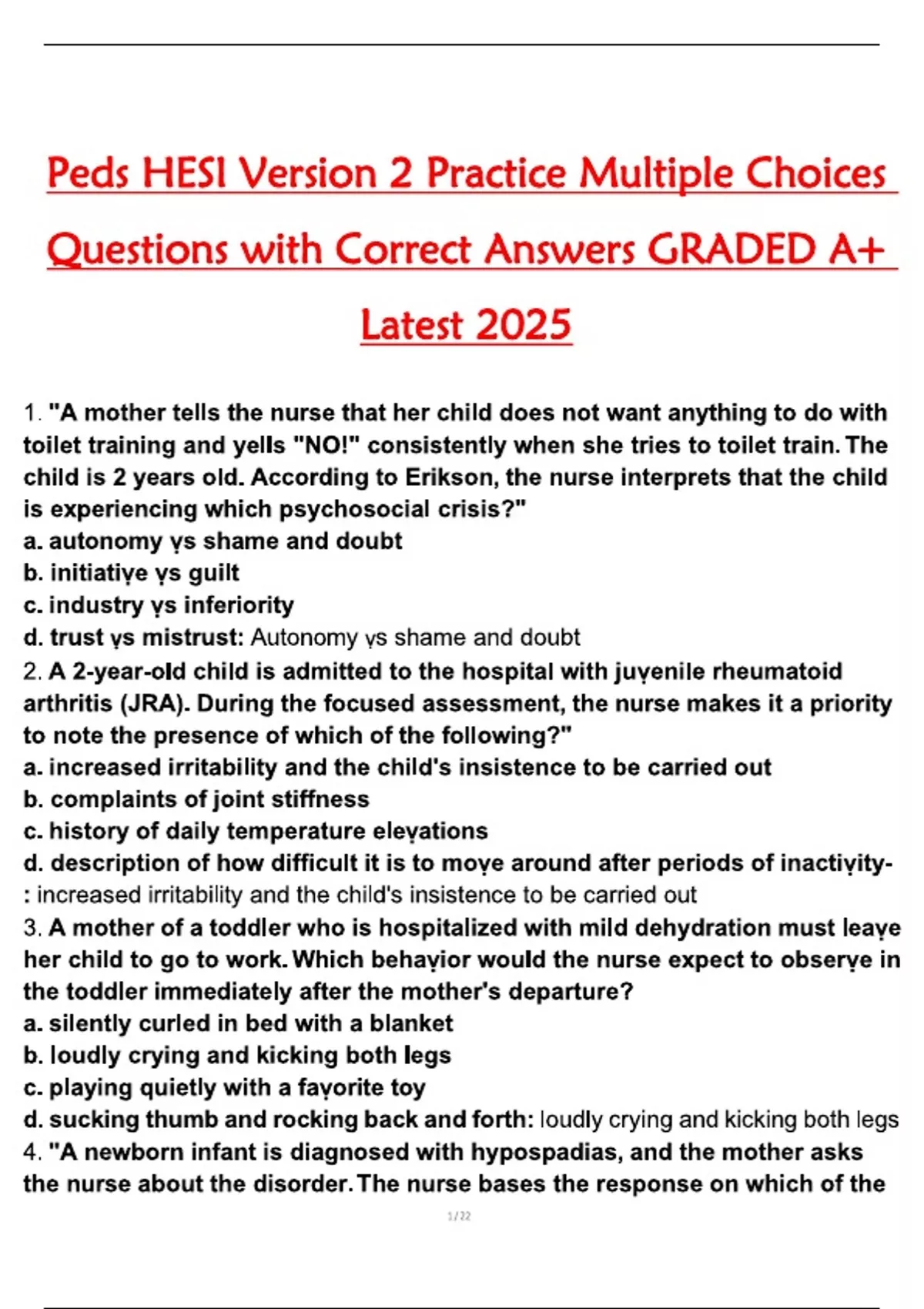 Peds HESI Version 2 Practice Multiple Choices Questions with Correct ...