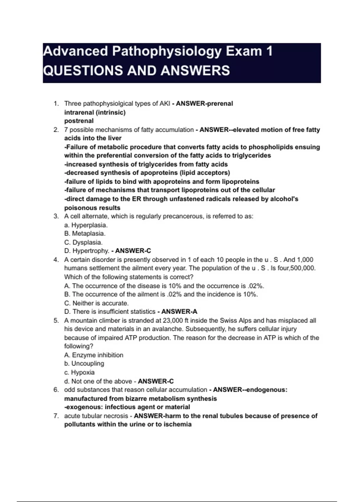 Advanced Pathophysiology Exam 1 QUESTIONS AND ANSWERS - Advanced ...