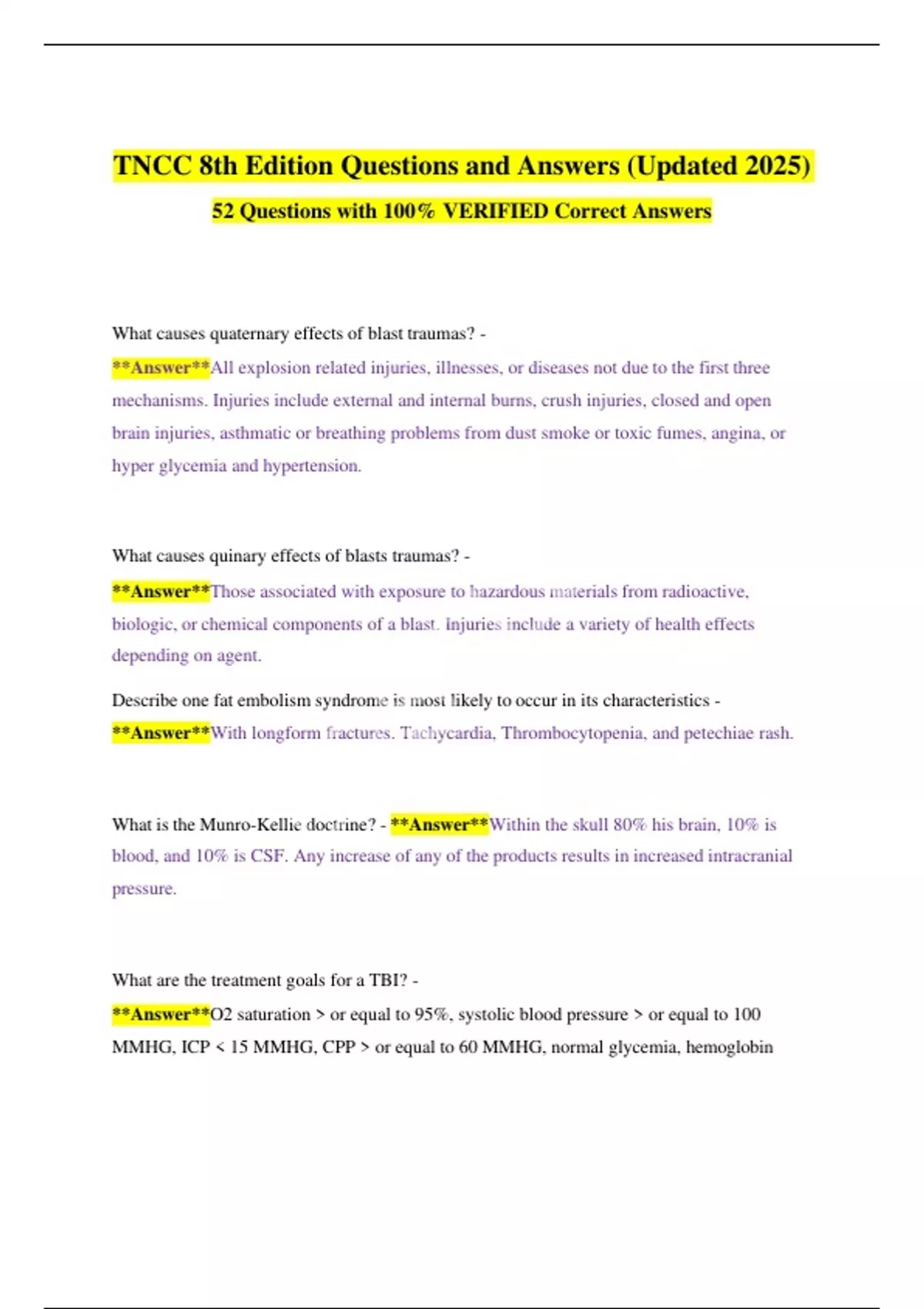 TNCC 8th Edition Questions and Answers (Updated 2025) 52 Questions with ...