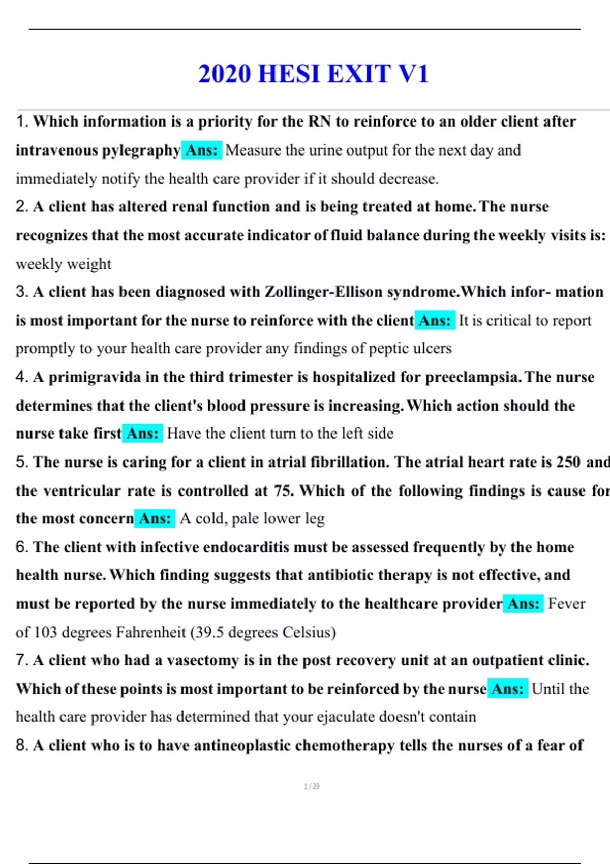 HESI EXIT V1 2020 Exam With 100% Correct Questions And Answers (2025/ ...