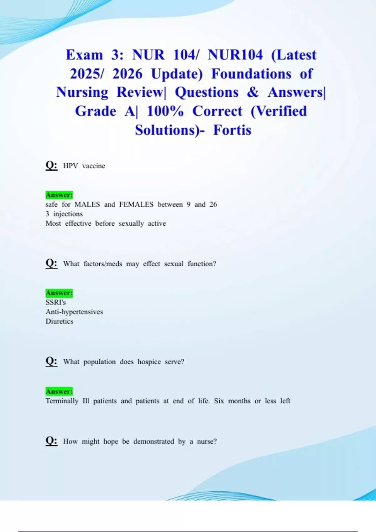 Exam 3: NUR 104/ NUR104 (Latest 2025/ 2026 Update) Foundations of ...