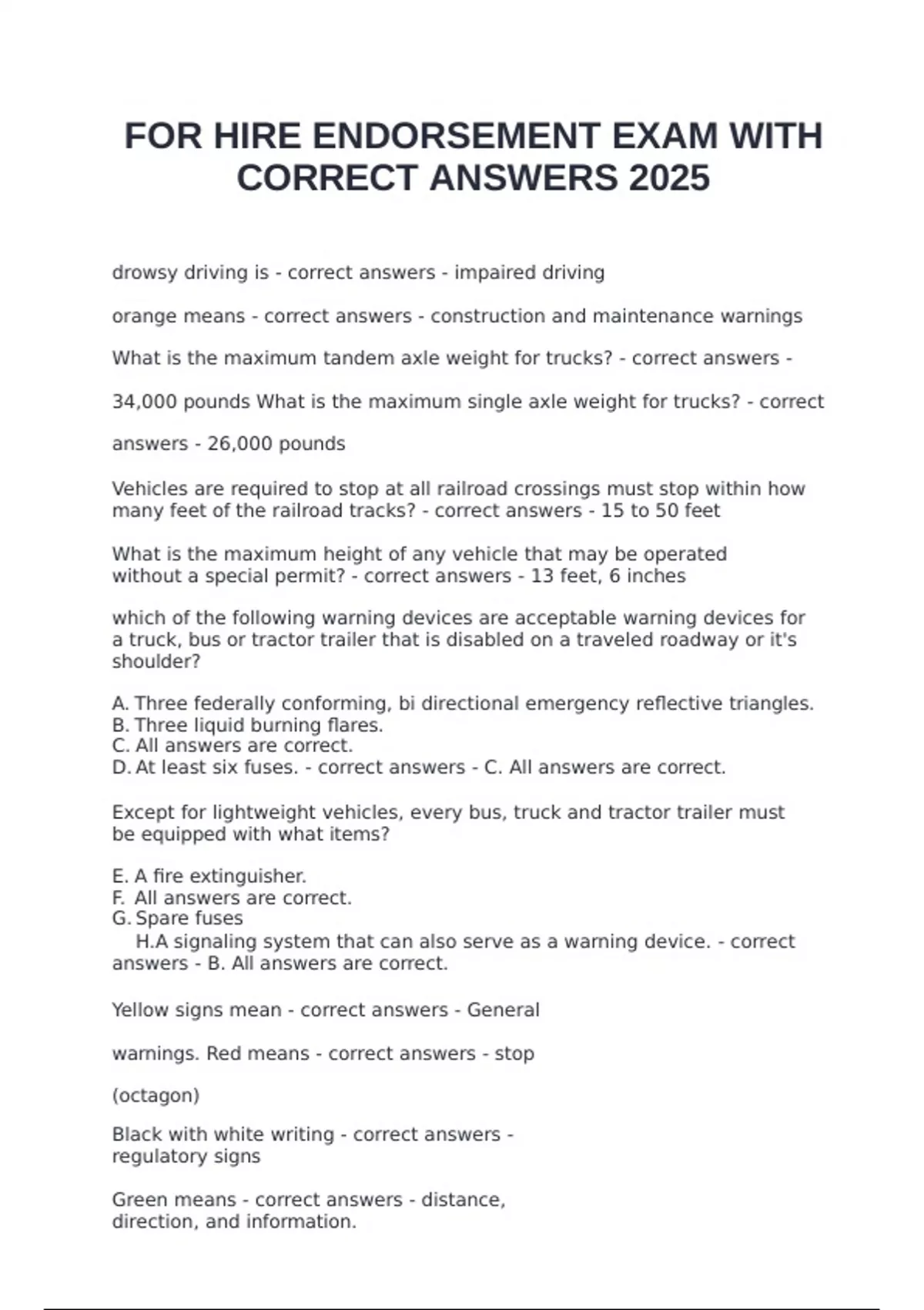 FOR HIRE ENDORSEMENT EXAM WITH CORRECT ANSWERS 2025 - For hire ...