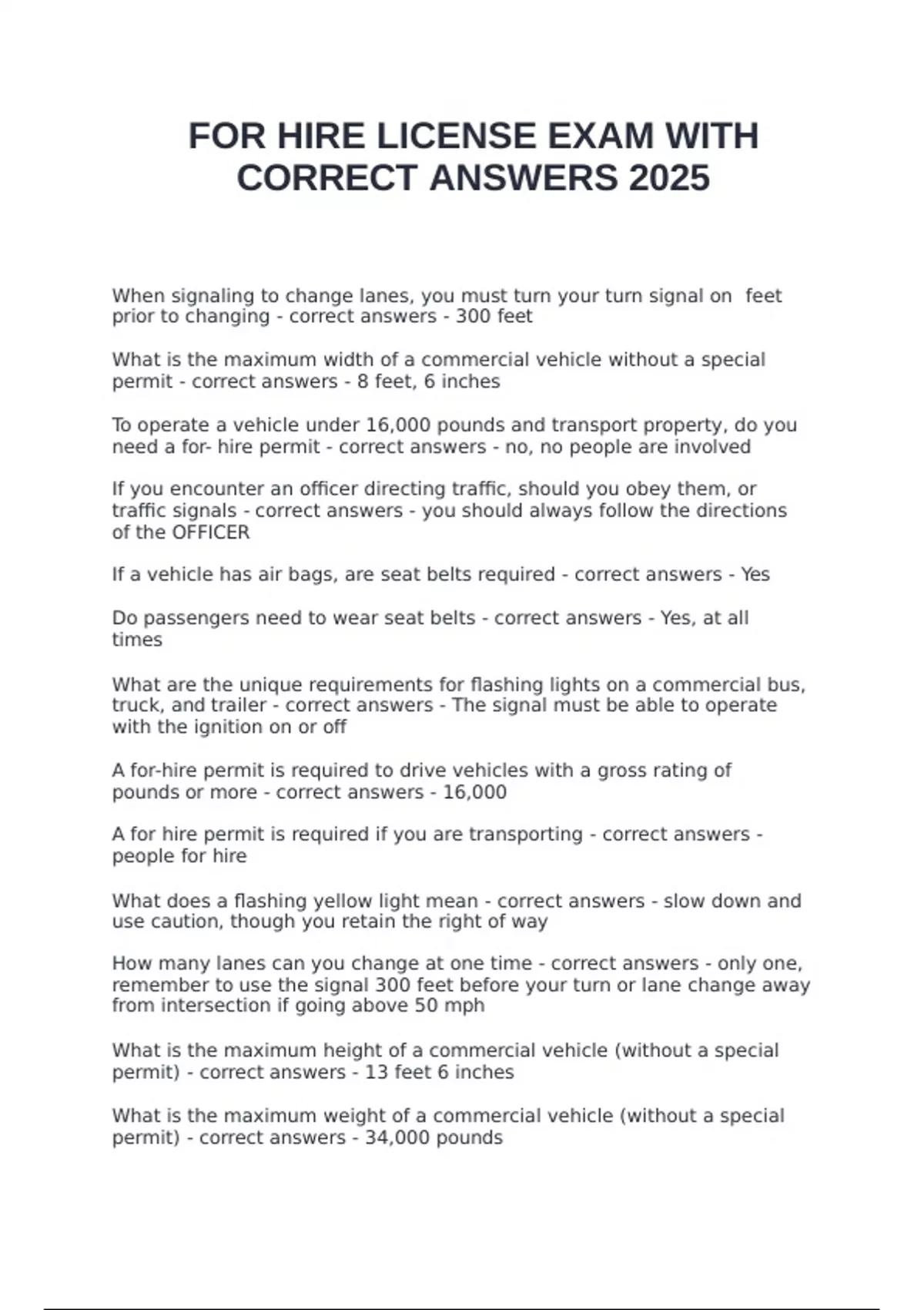 FOR HIRE LICENSE EXAM WITH CORRECT ANSWERS 2025 - For Hire License ...