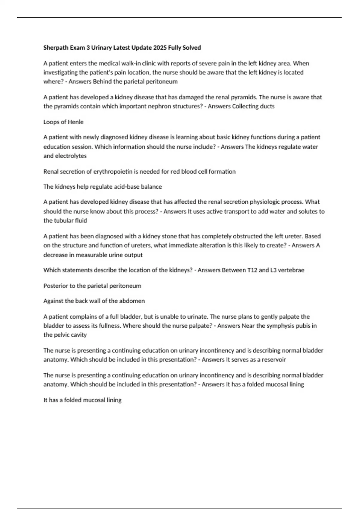 Sherpath Exam 3 Urinary Latest Update 2025 Fully Solved - Sherpath ...