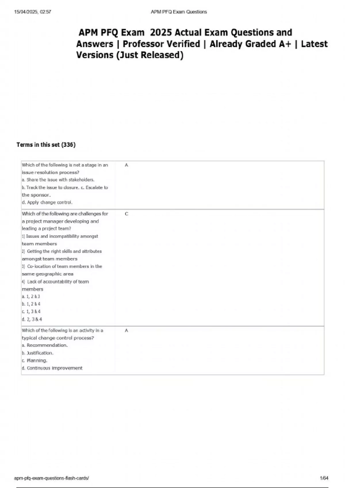 APM PFQ EXAM 2025 ACTUAL EXAM QUESTIONS AND ANSWERS | PROFESSOR ...