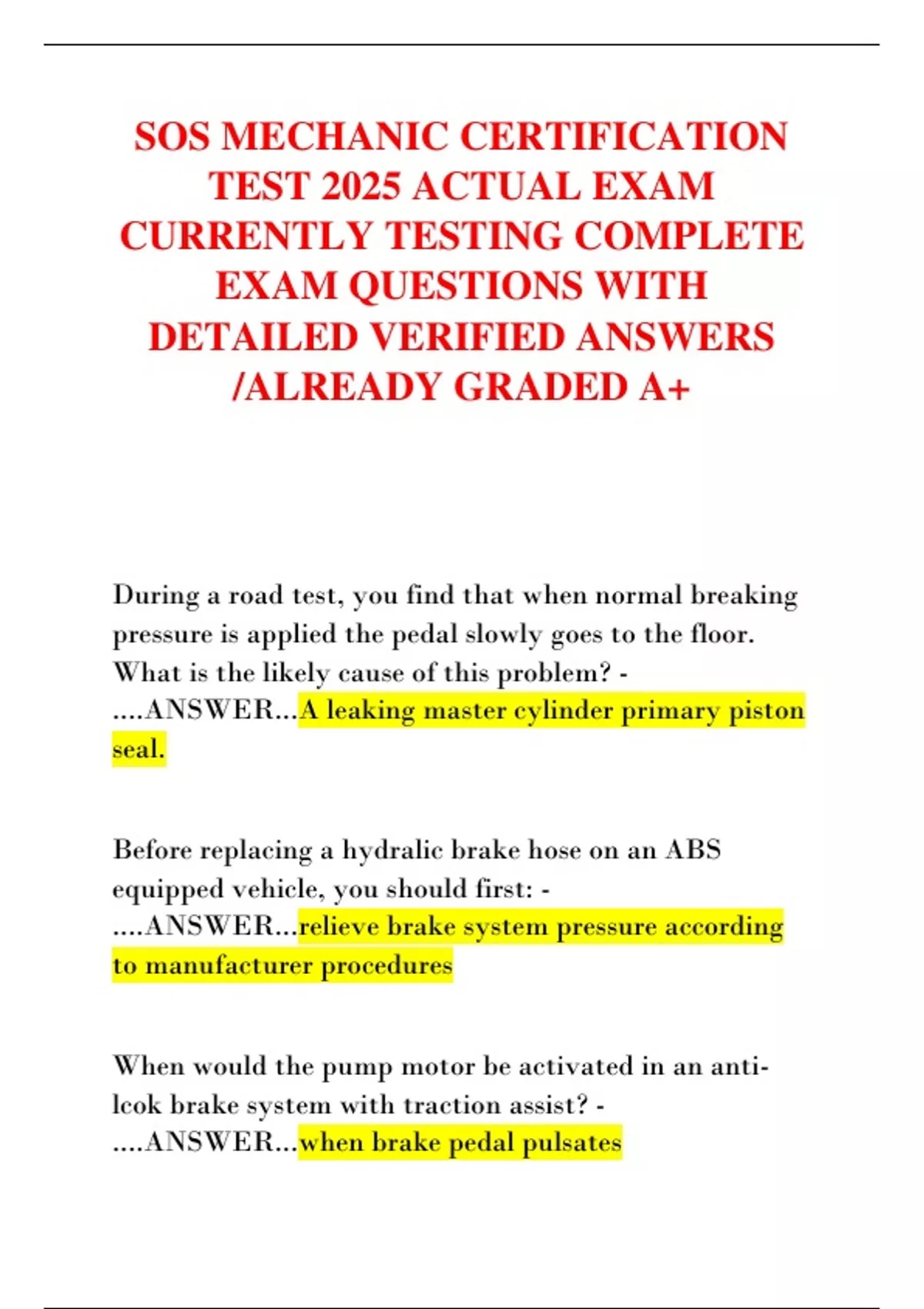 SOS MECHANIC CERTIFICATION TEST 2025 ACTUAL EXAM CURRENTLY TESTING ...