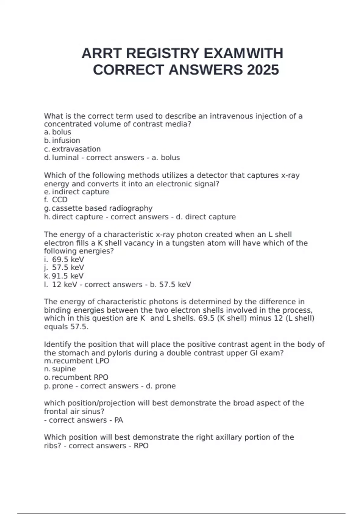 ARRT REGISTRY EXAM WITH CORRECT ANSWERS 2025 - ARRT Registry Exa ...