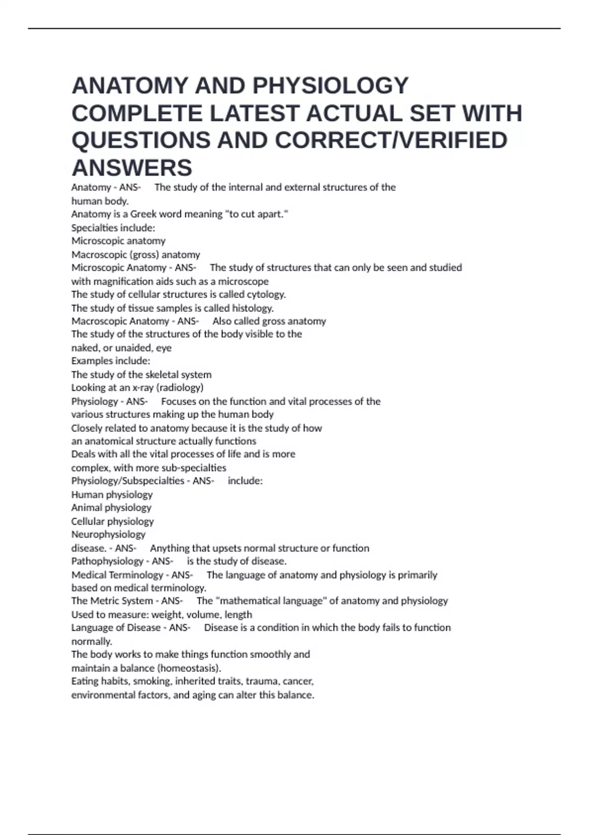 ANATOMY AND PHYSIOLOGY COMPLETE LATEST ACTUAL SET WITH QUESTIONS AND ...