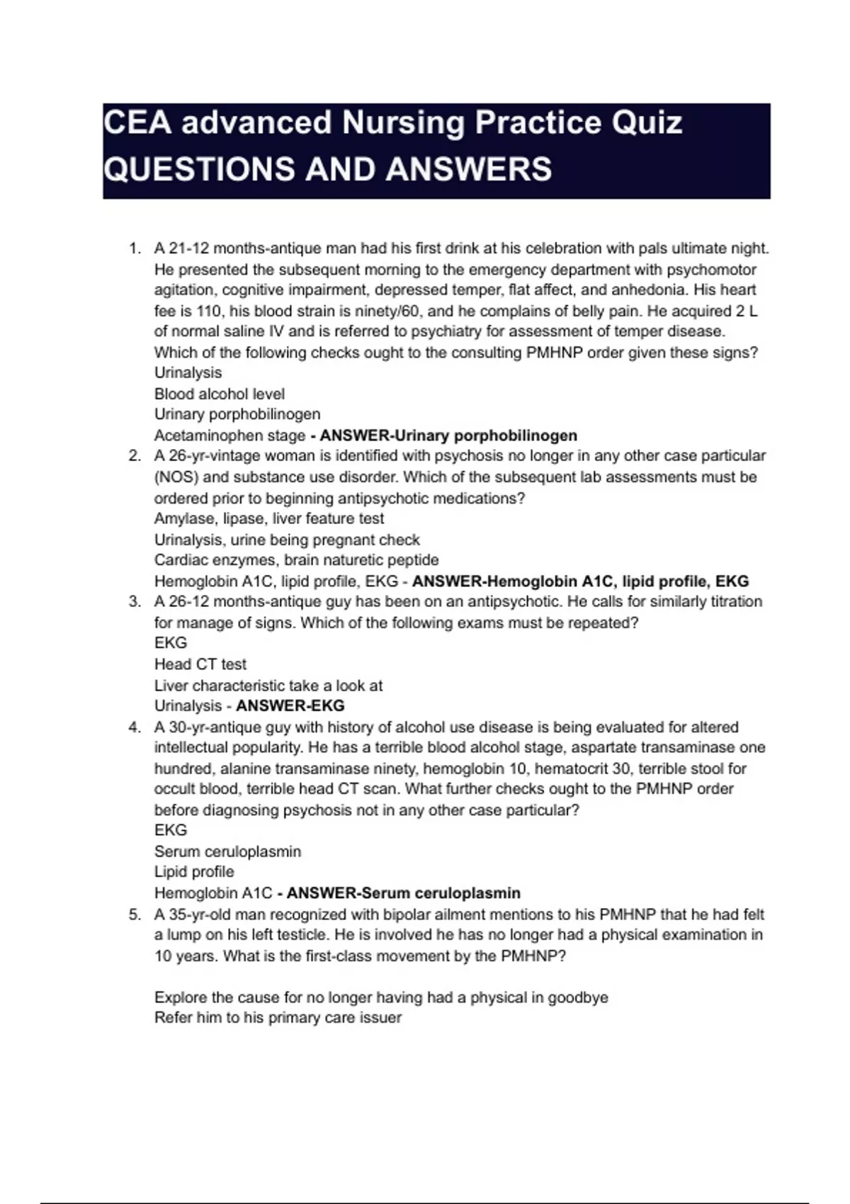 CEA advanced Nursing Practice Quiz QUESTIONS AND ANSWERS - Advanced ...