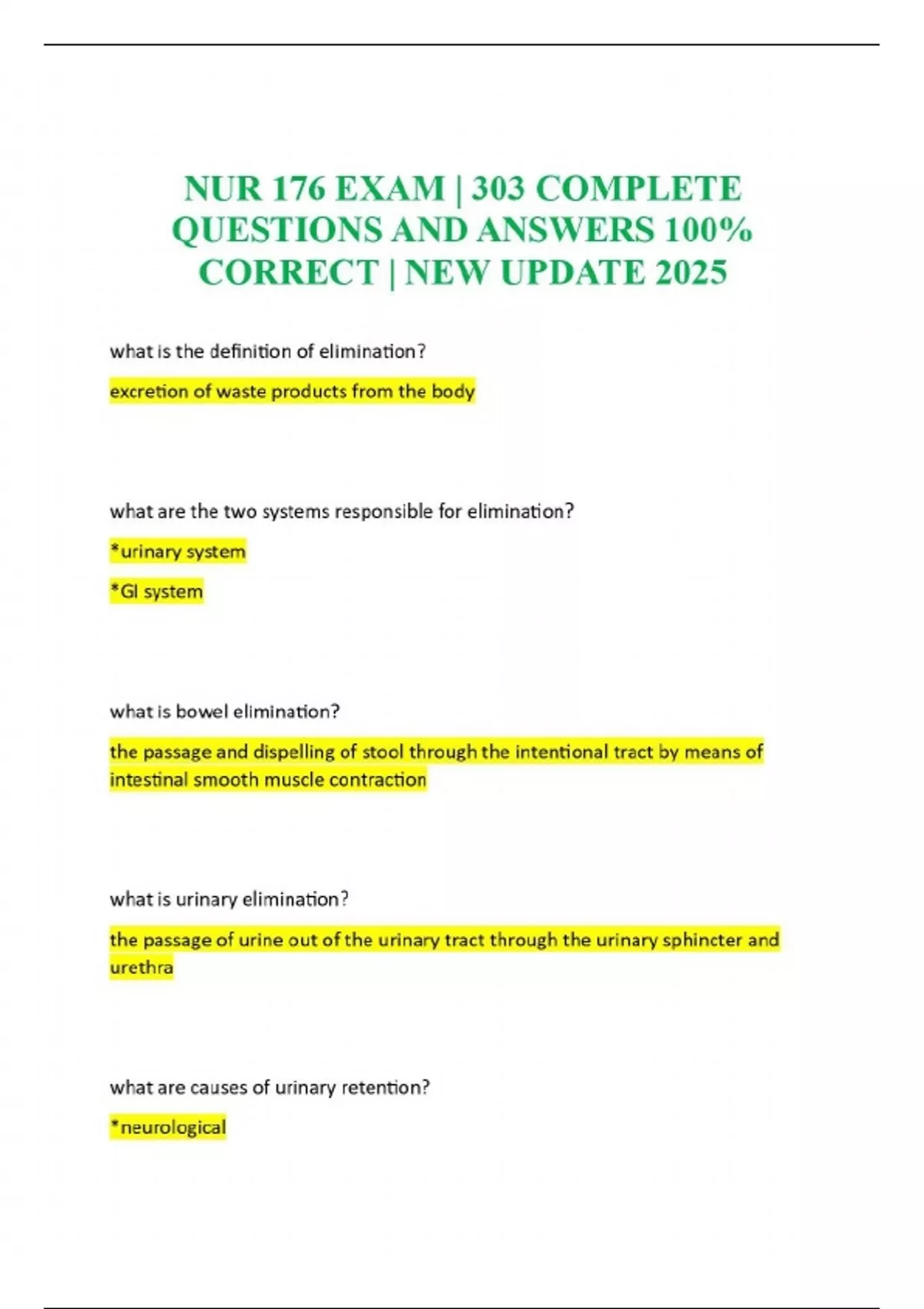 NUR 176 EXAM | 303 COMPLETE QUESTIONS AND ANSWERS 100% CORRECT | NEW UPDATE 2025 - Nur 176 ...