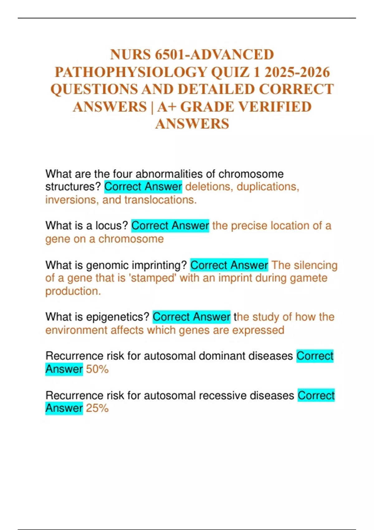 NURS 6501-ADVANCED PATHOPHYSIOLOGY QUIZ QUESTIONS AND DETAILED CORRECT ...