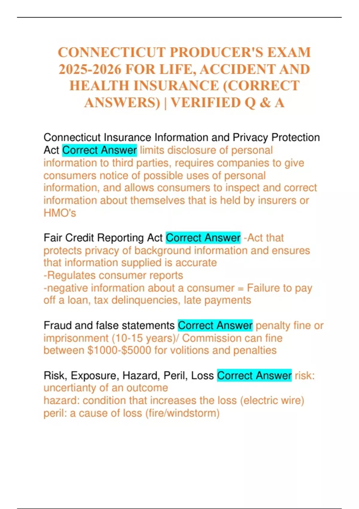CONNECTICUT PRODUCER'S EXAM FOR LIFE, ACCIDENT AND HEALTH INSURANCE ...