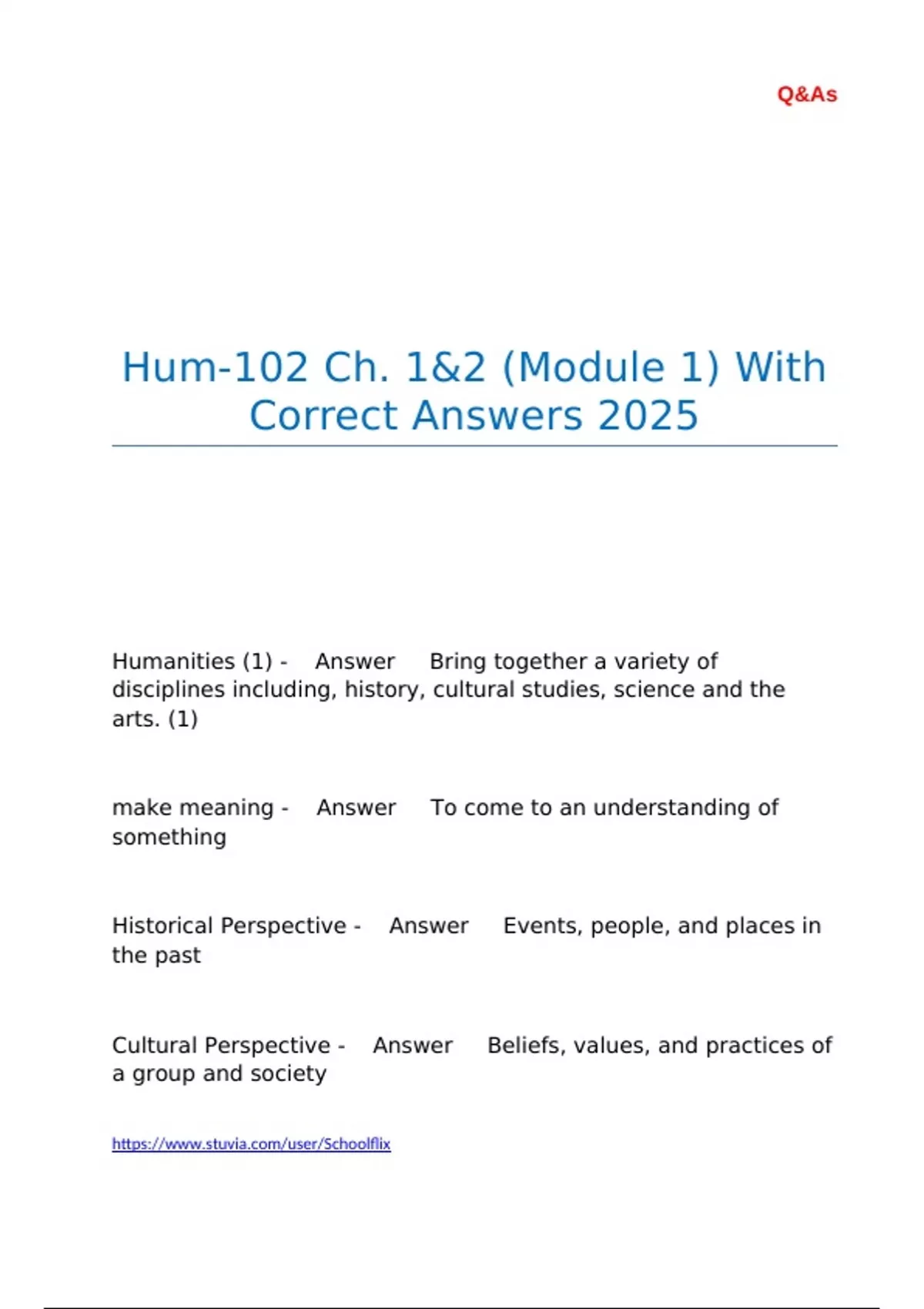 Hum-102 Ch. 1&2 (Module 1) With Correct Answers 2025 - HUM 102 - Stuvia US