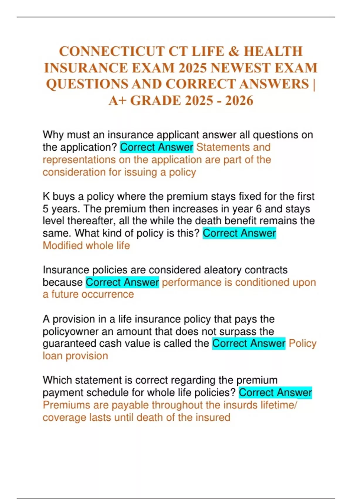 CONNECTICUT CT LIFE & HEALTH INSURANCE EXAM 2025 NEWEST EXAM QUESTIONS ...
