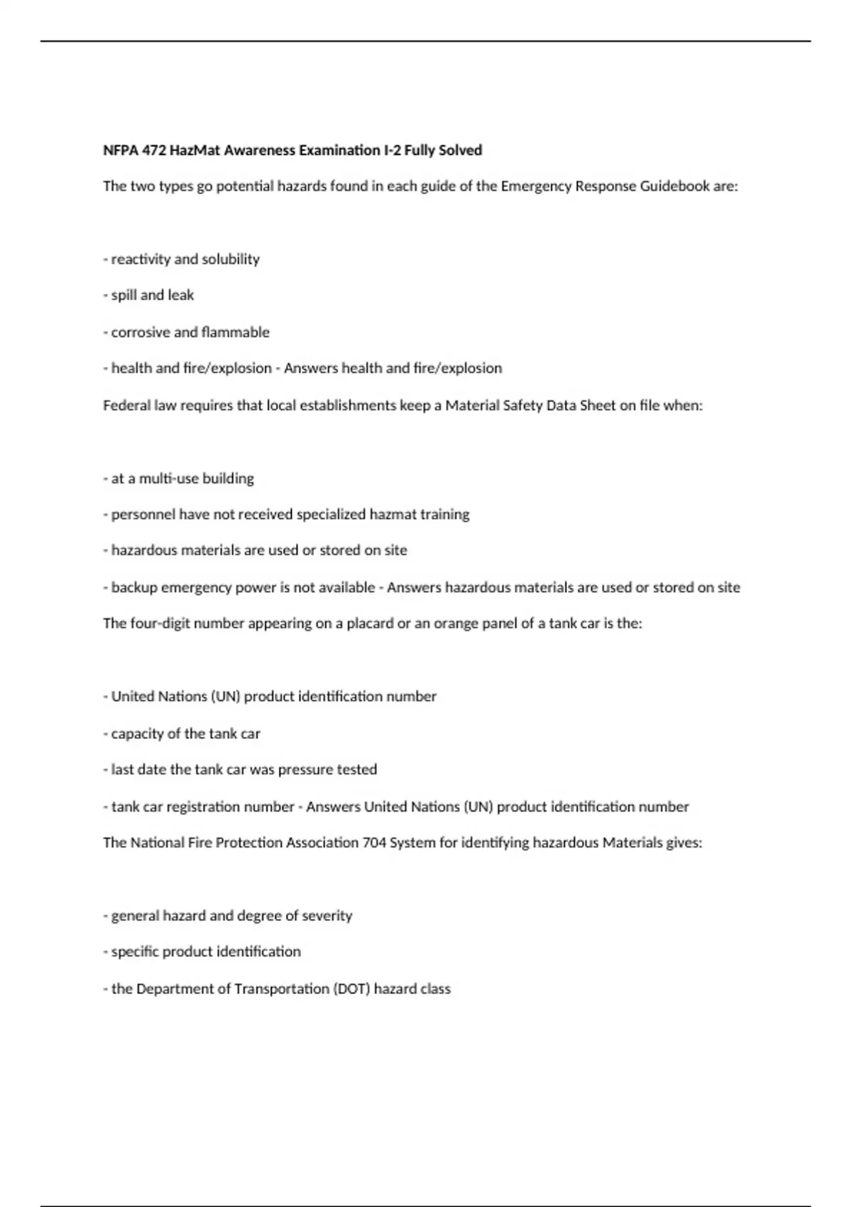 NFPA 472 HazMat Awareness Examination I-2 Fully Solved - NFPA 472 ...