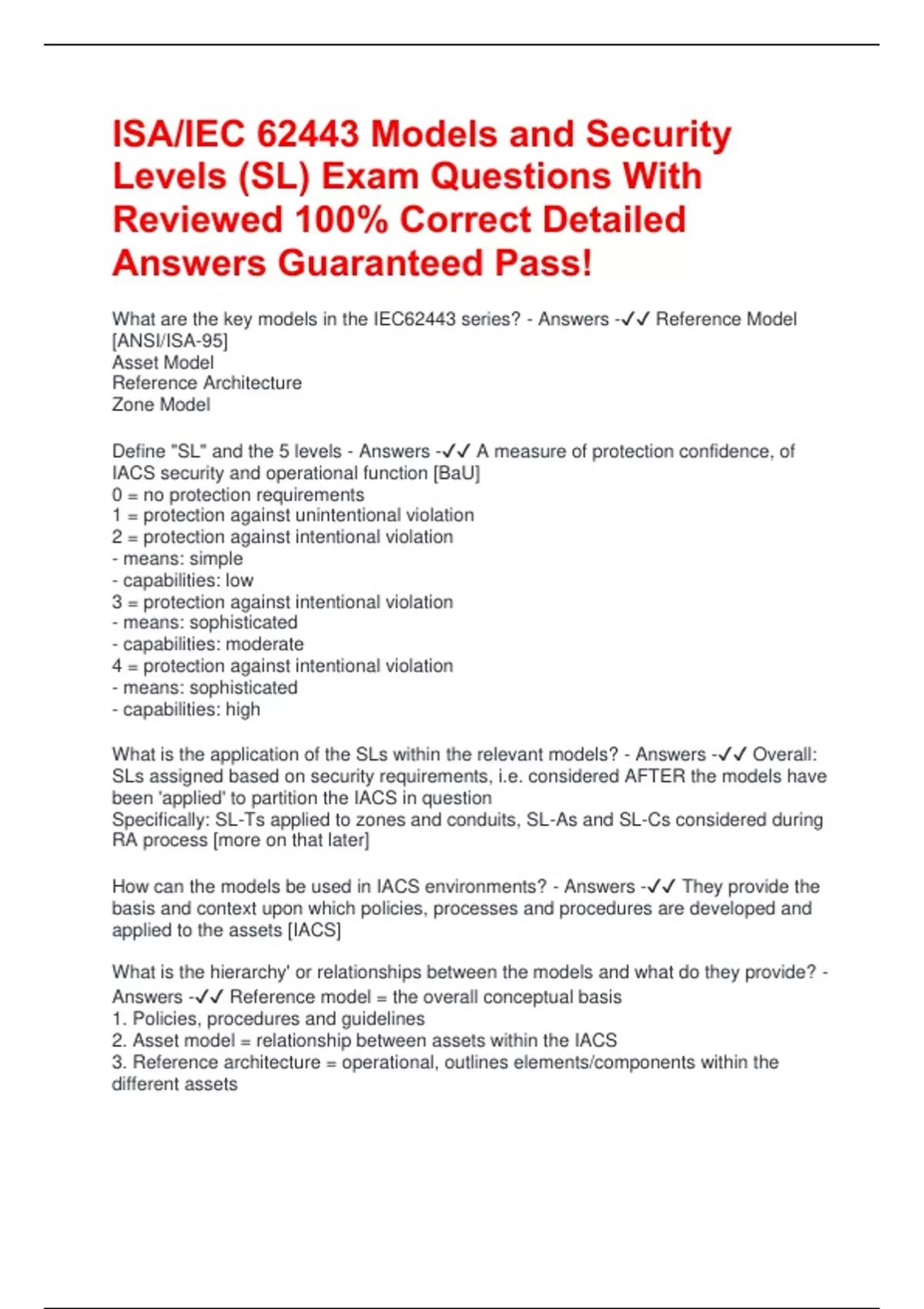 ISA/IEC 62443 Models and Security Levels (SL) Exam Questions With ...