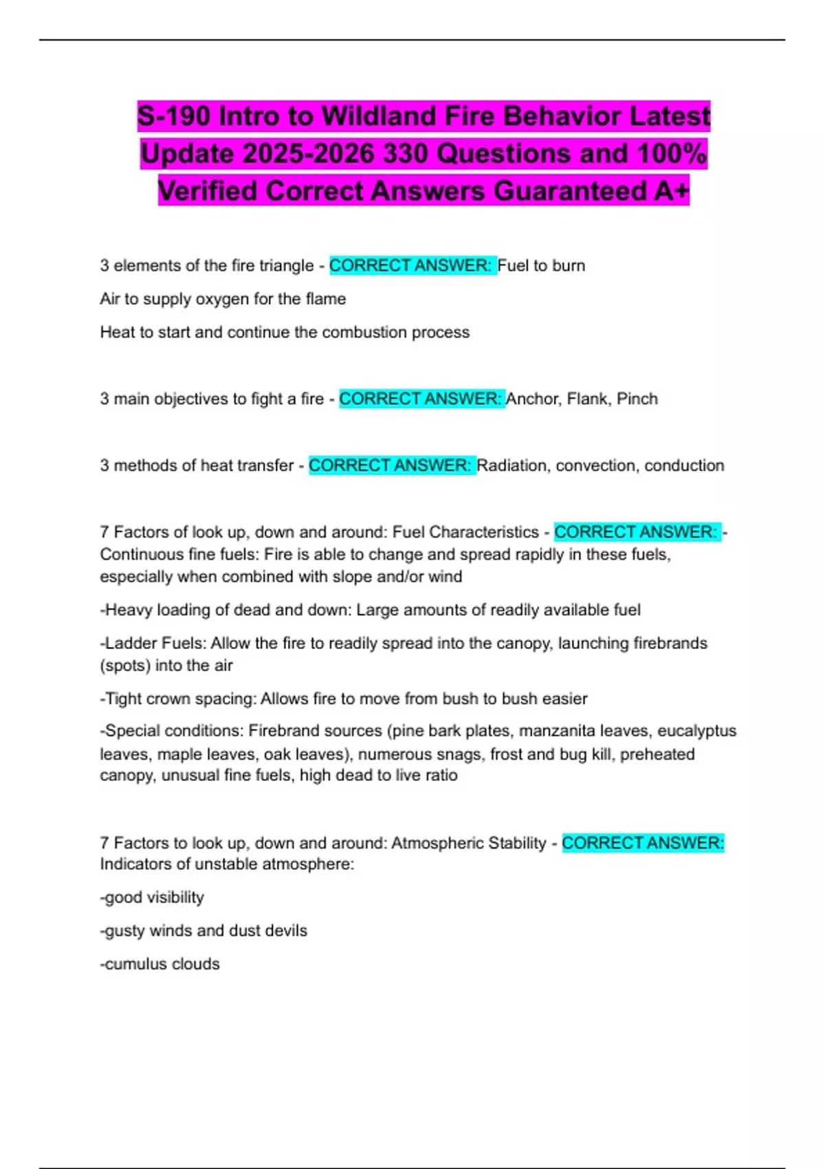 S-190 Intro to Wildland Fire Behavior Latest Update Questions and 100% ...