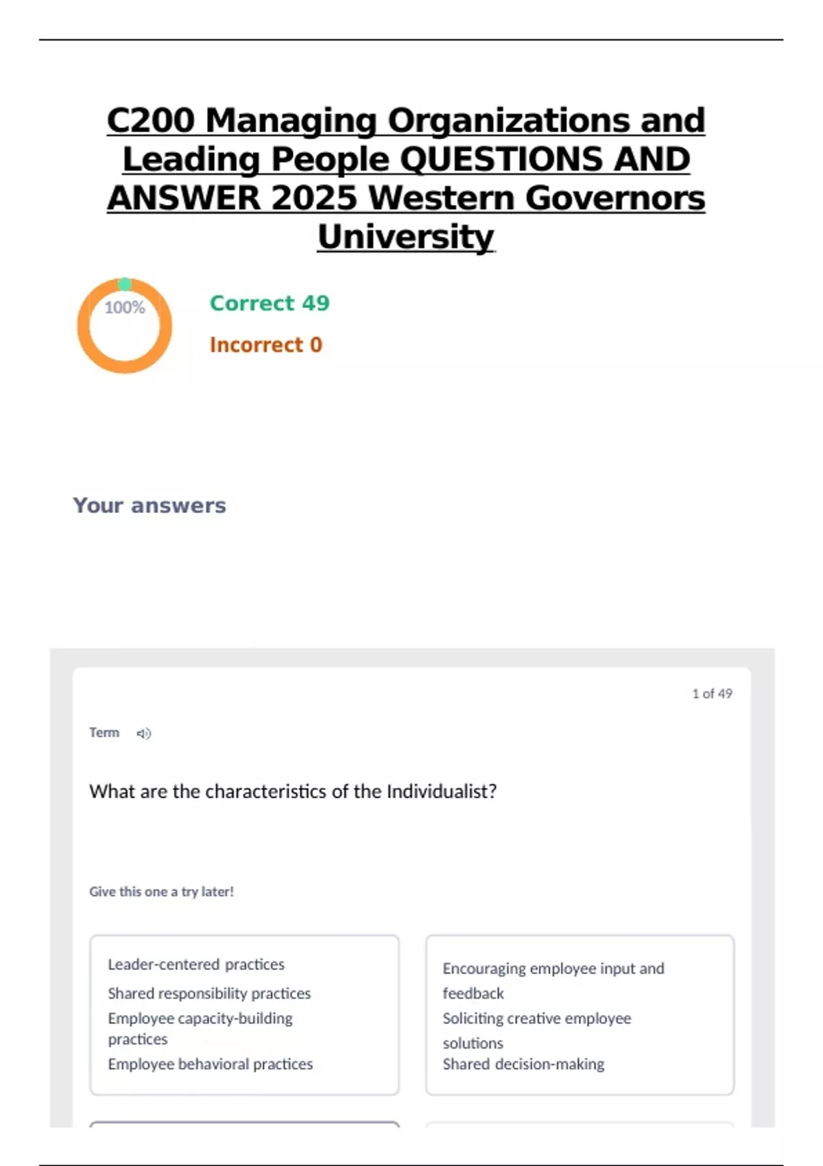 C200 Managing Organizations and Leading People QUESTIONS AND ANSWER ...