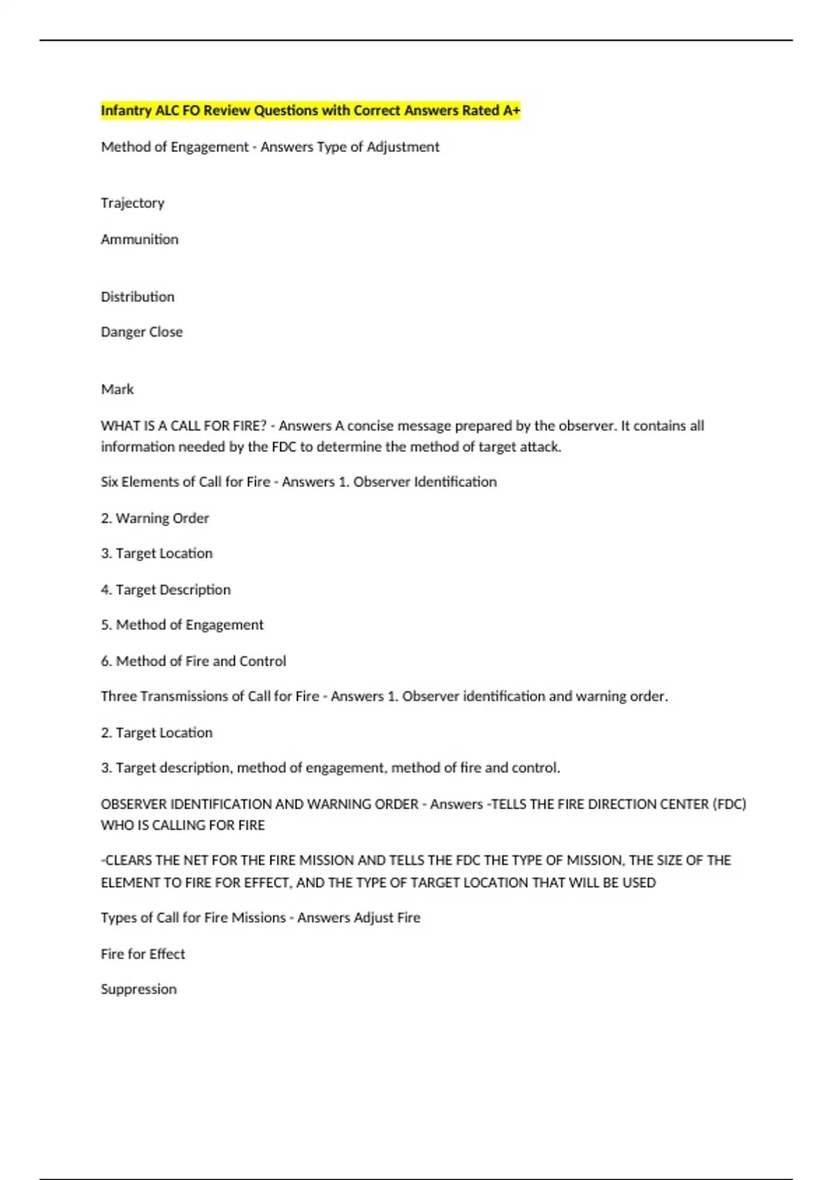 Infantry ALC FO Review Questions with Correct Answers Rated A+ ...