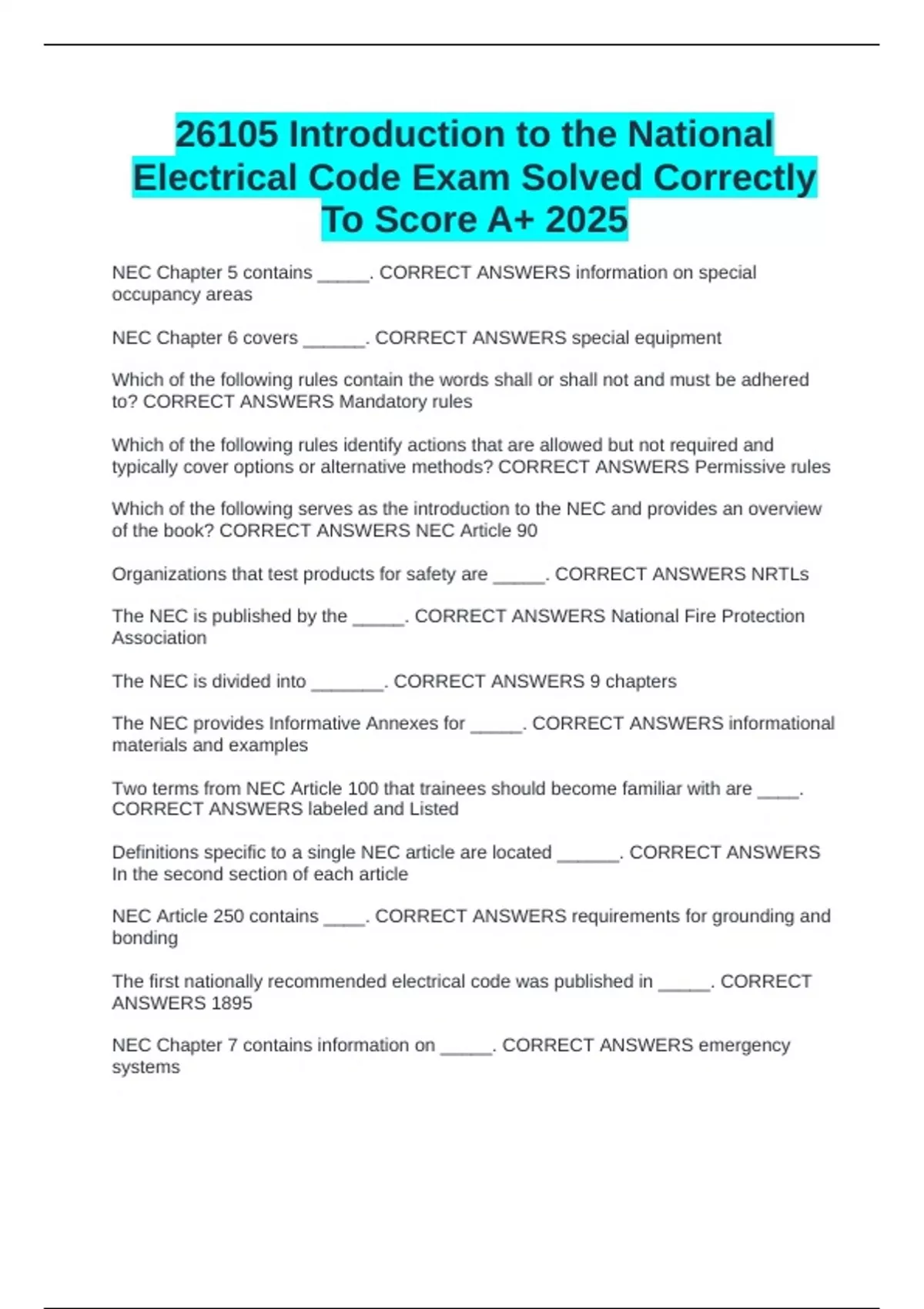 26105 Introduction to the National Electrical Code Exam Solved Correctly To Score A+ 2025 ...