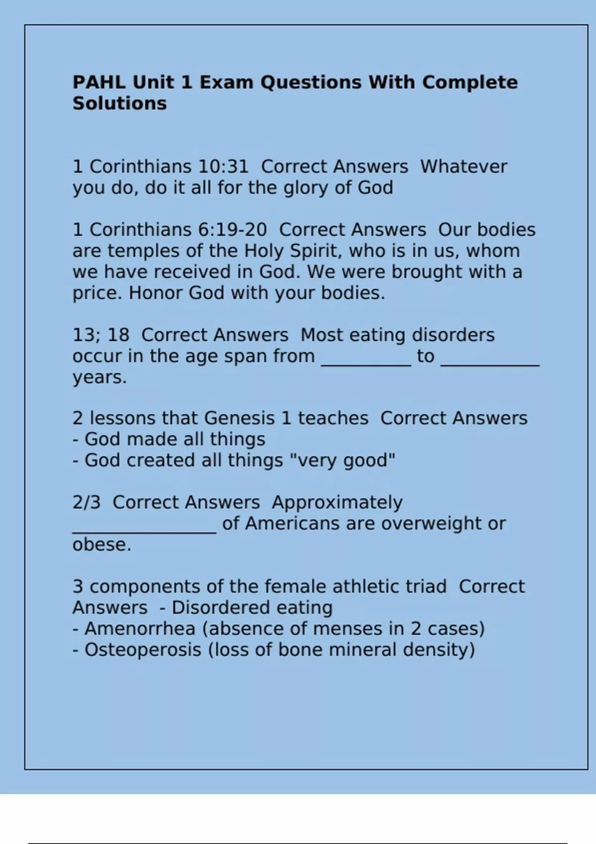 PAHL Unit 1 Exam Questions With Complete Solutions - PAHL - Stuvia US