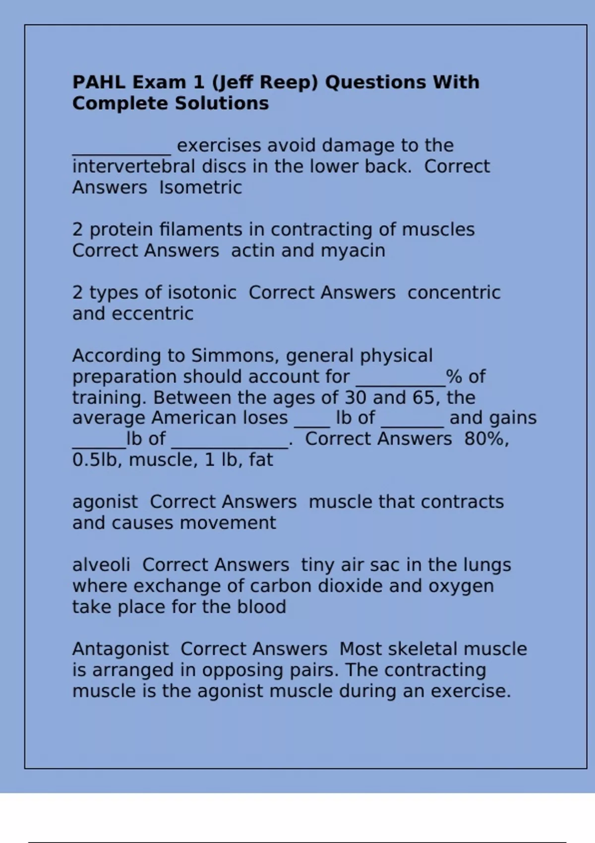 PAHL Exam 1 (Jeff Reep) Questions With Complete Solutions - PAHL ...