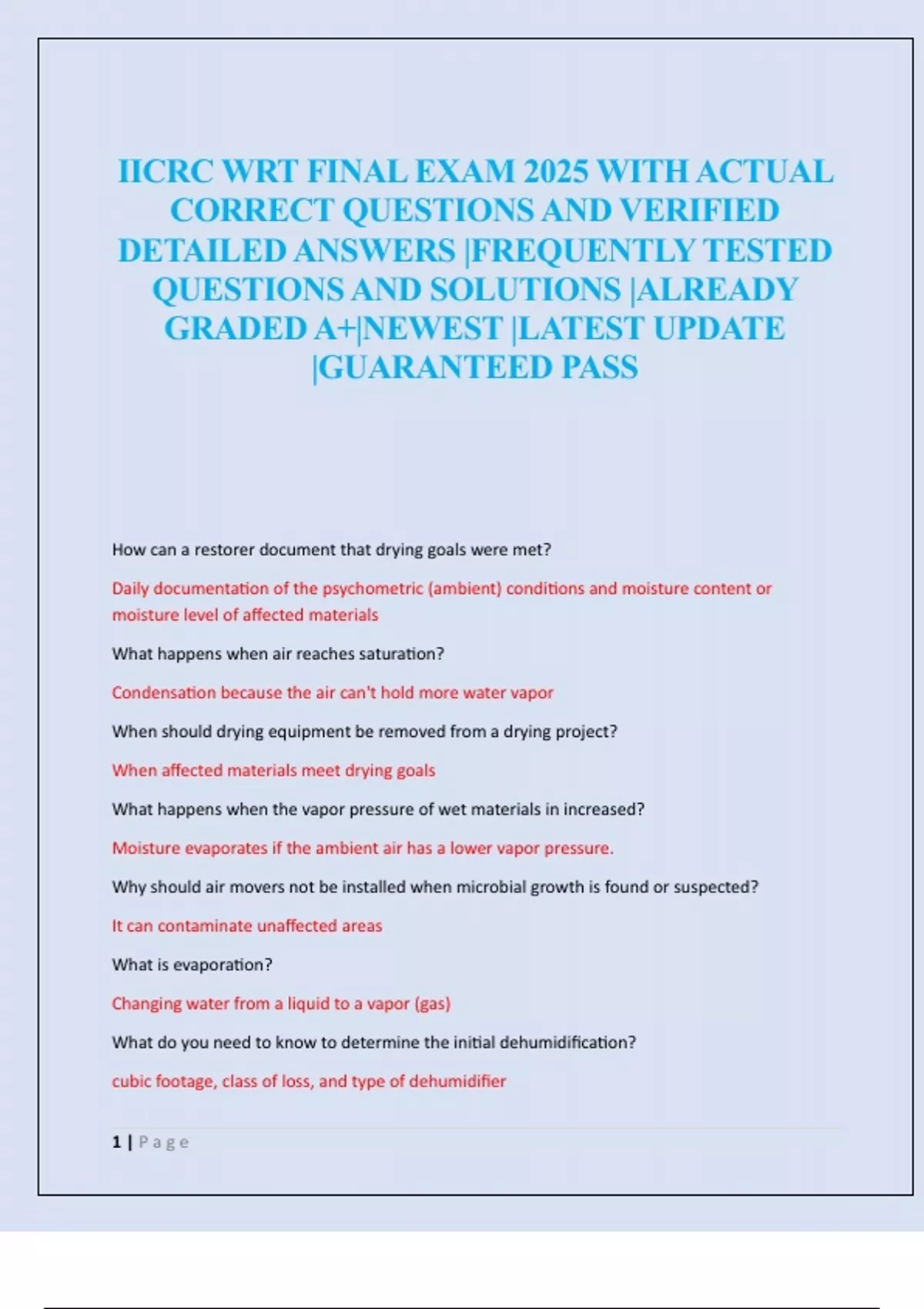 IICRC WRT FINAL EXAM 2025 WITH ACTUAL CORRECT QUESTIONS AND VERIFIED ...