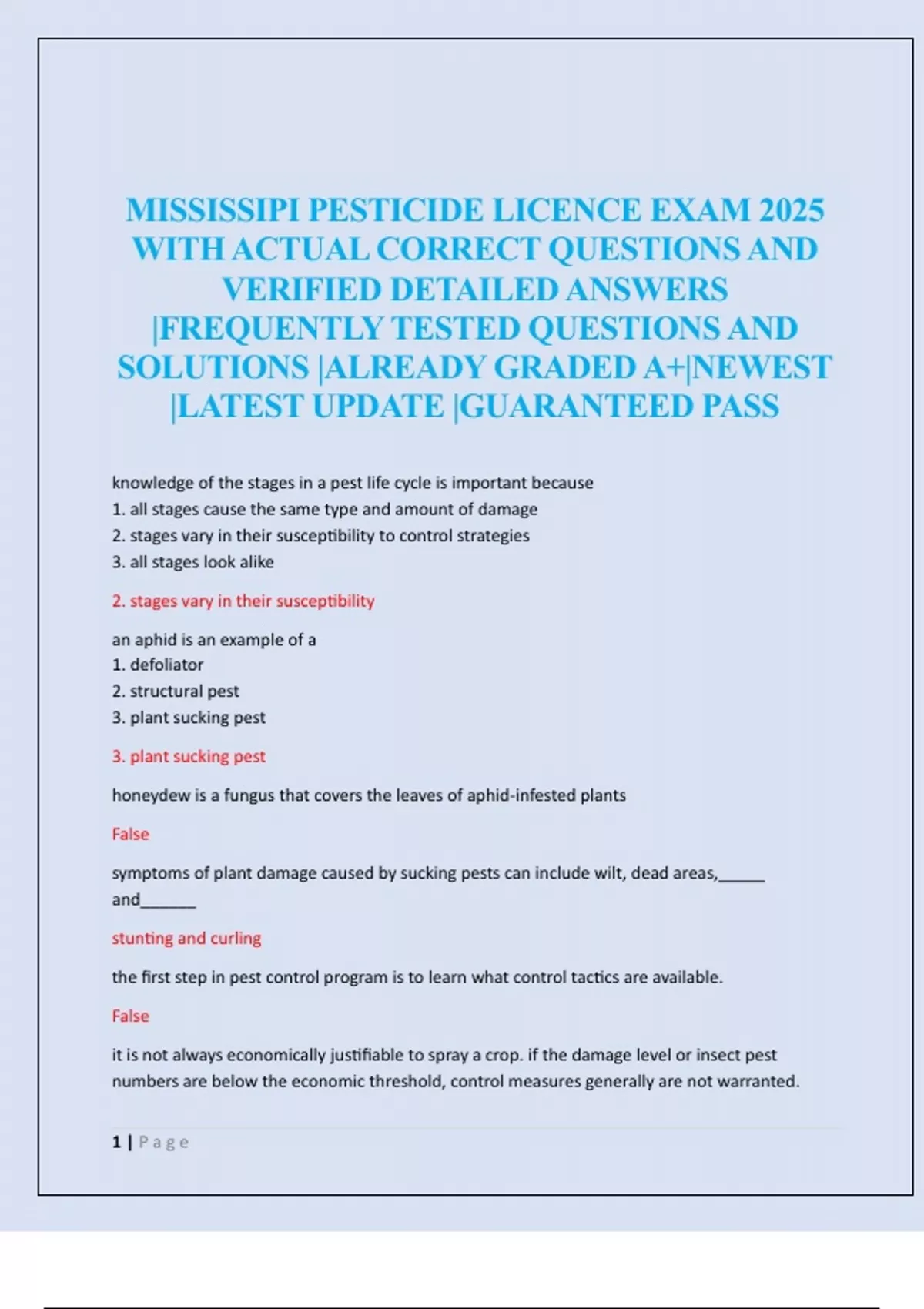 MISSISSIPI PESTICIDE LICENCE EXAM 2025 WITH ACTUAL CORRECT QUESTIONS ...