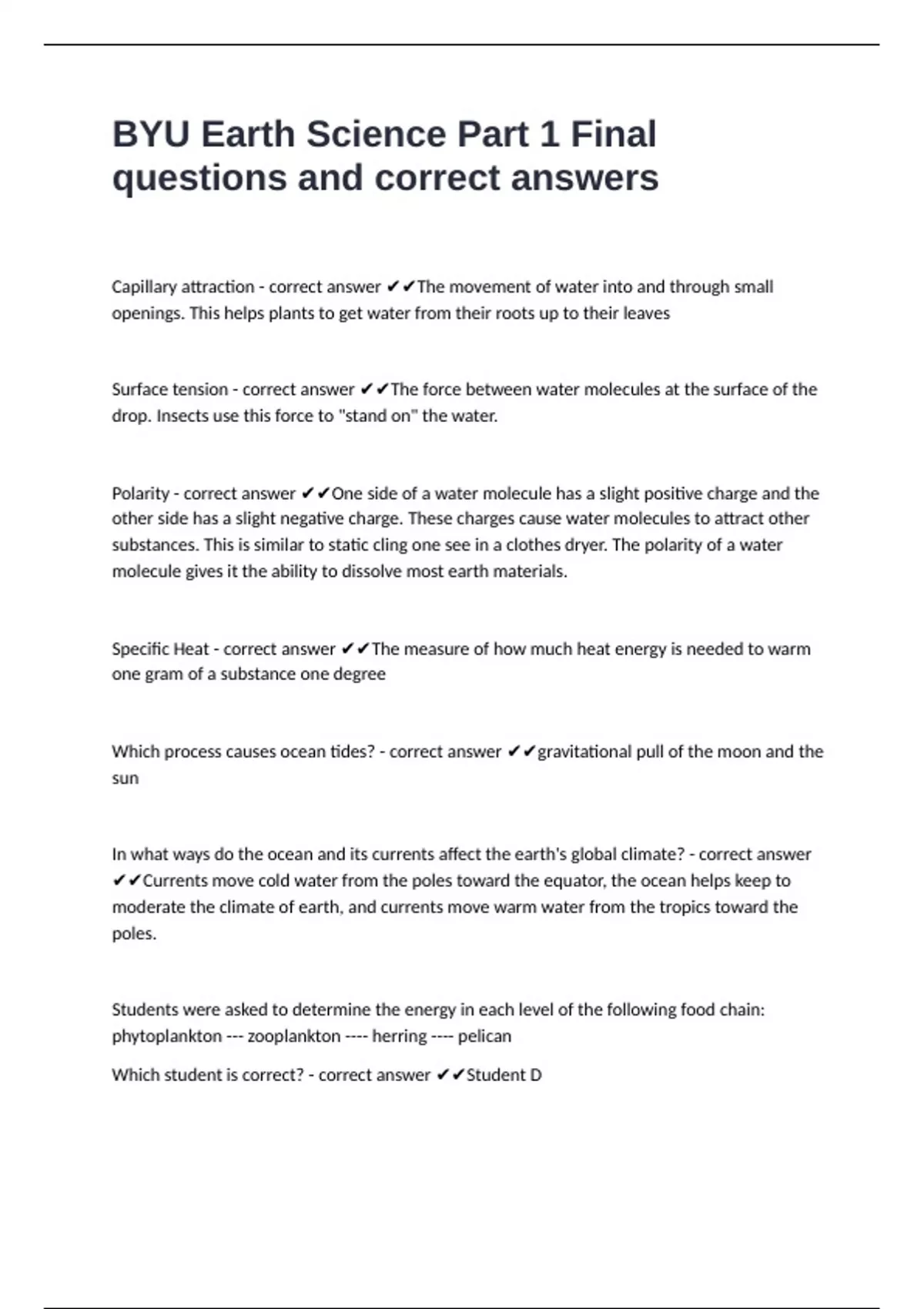 BYU Earth Science Part 1 Final questions and correct answers - Earth ...