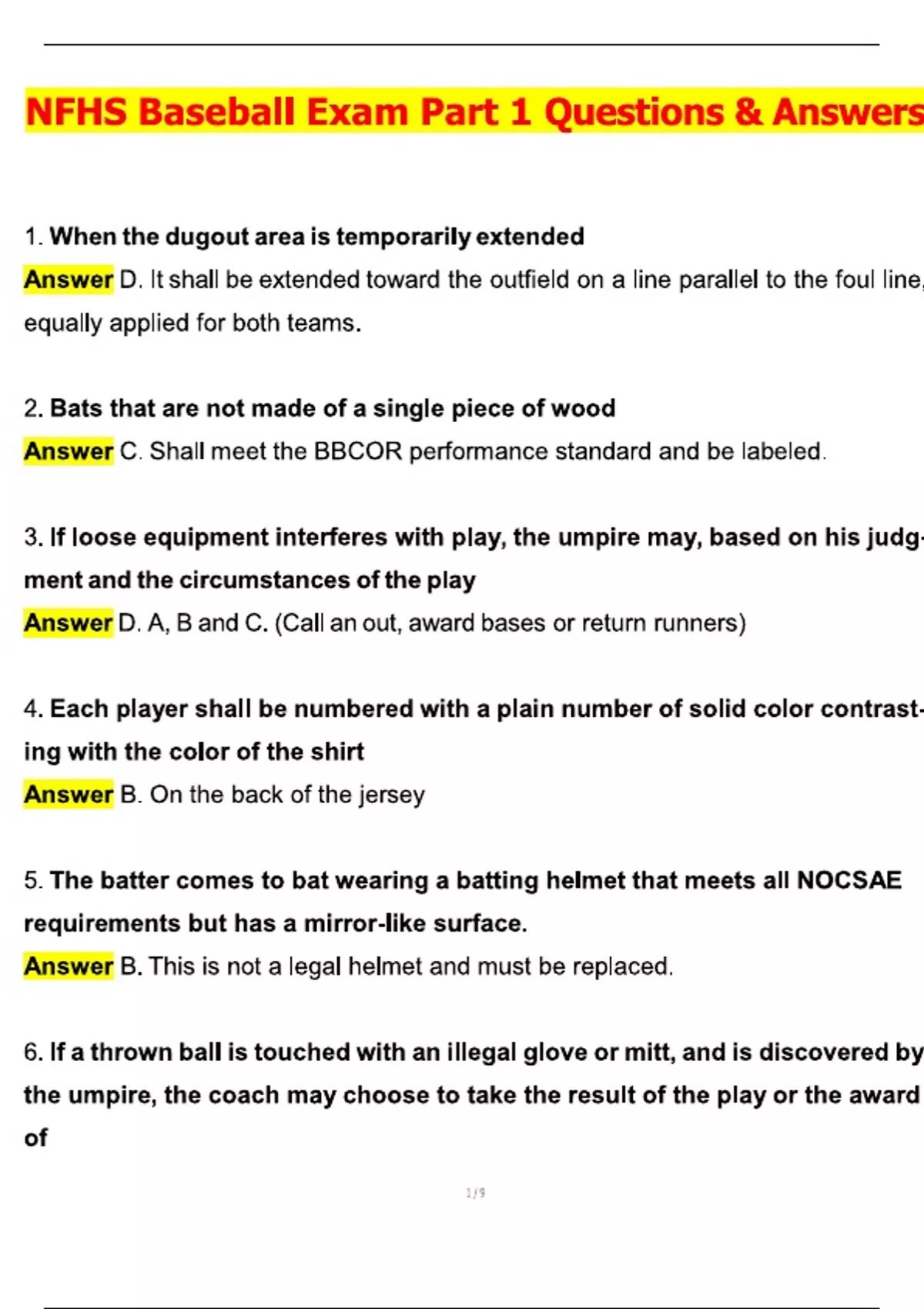 2025 NFHS Baseball Exam Part I (Latest 2025 / 2026 Update) Questions ...