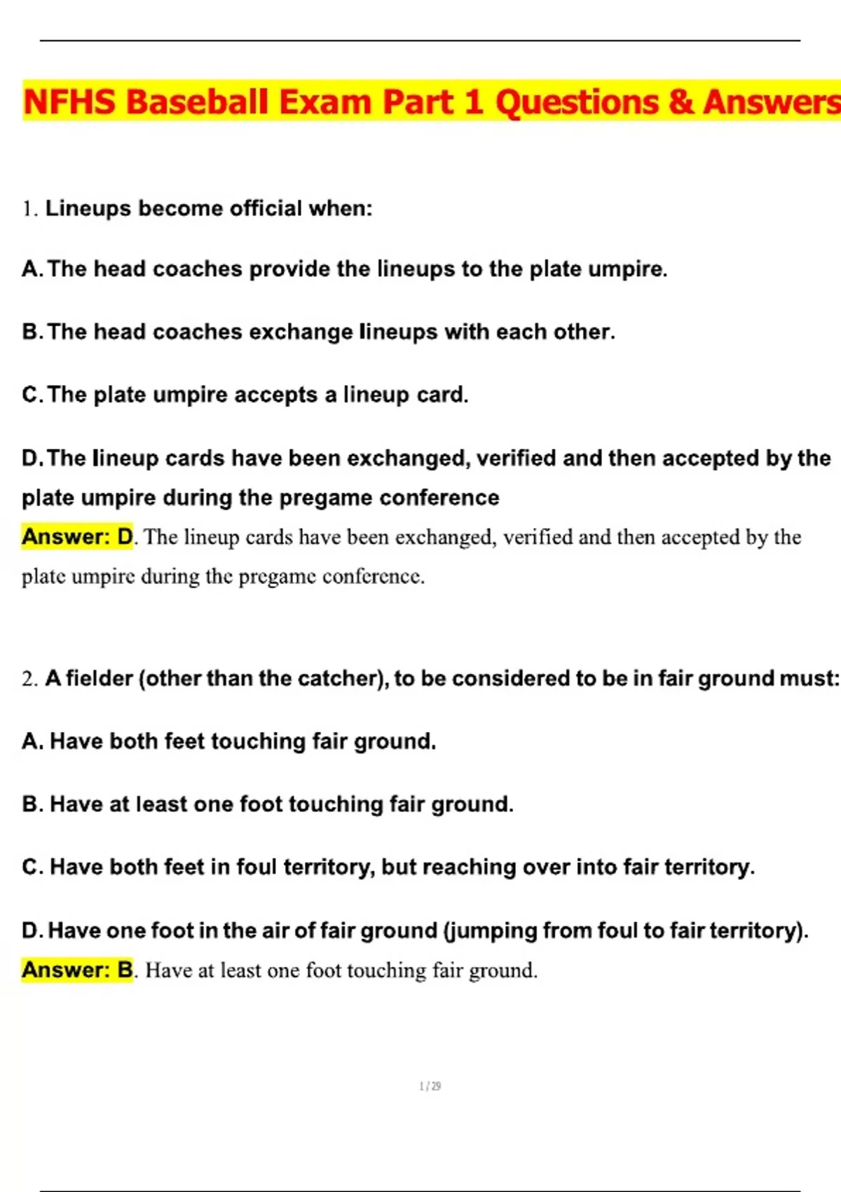 2025 NFHS Baseball Exam Part 1 (Latest 2025 / 2026 Update) Questions ...