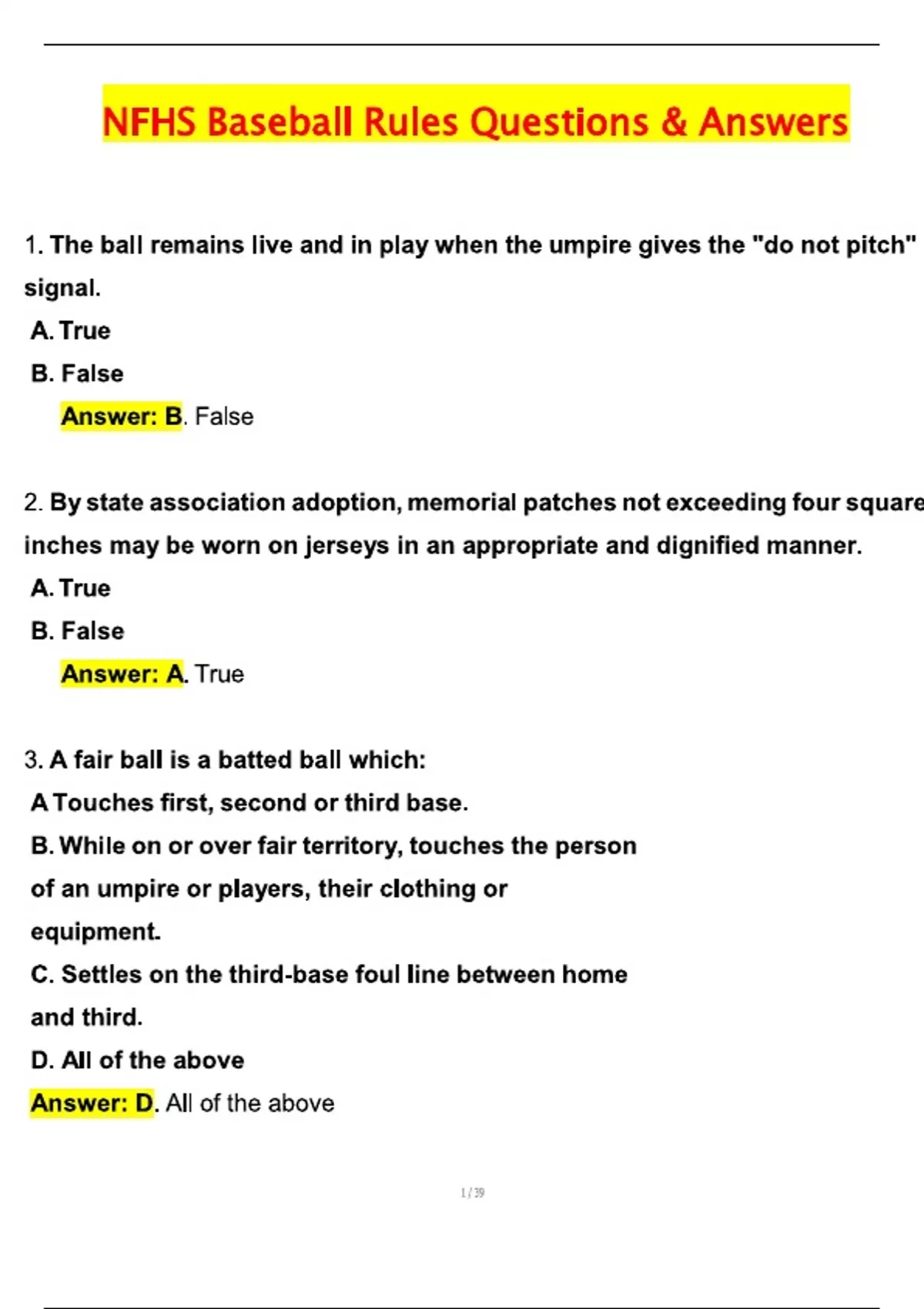 2025 NFHS Baseball Rules (Latest 2025 / 2026 Update) Questions and ...