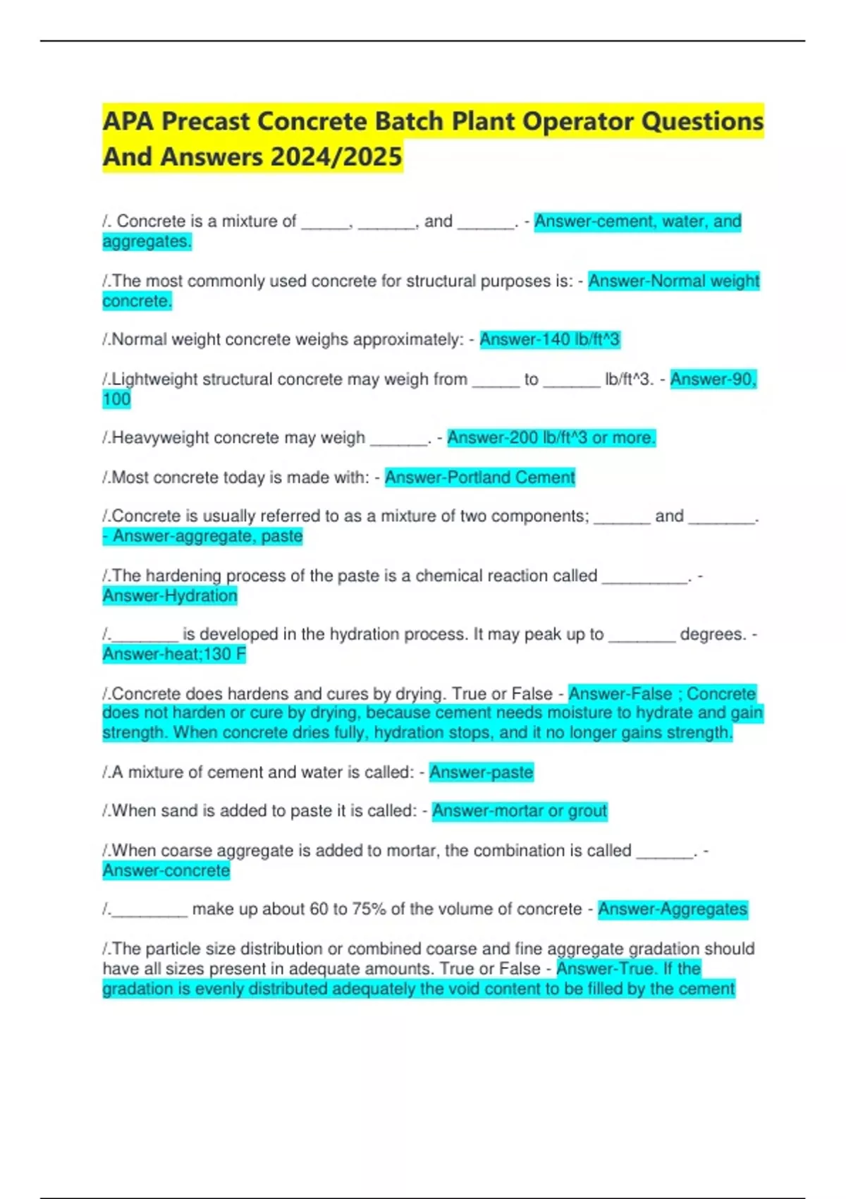 APA Precast Concrete Batch Plant Operator Questions And Answers 2024/ ...