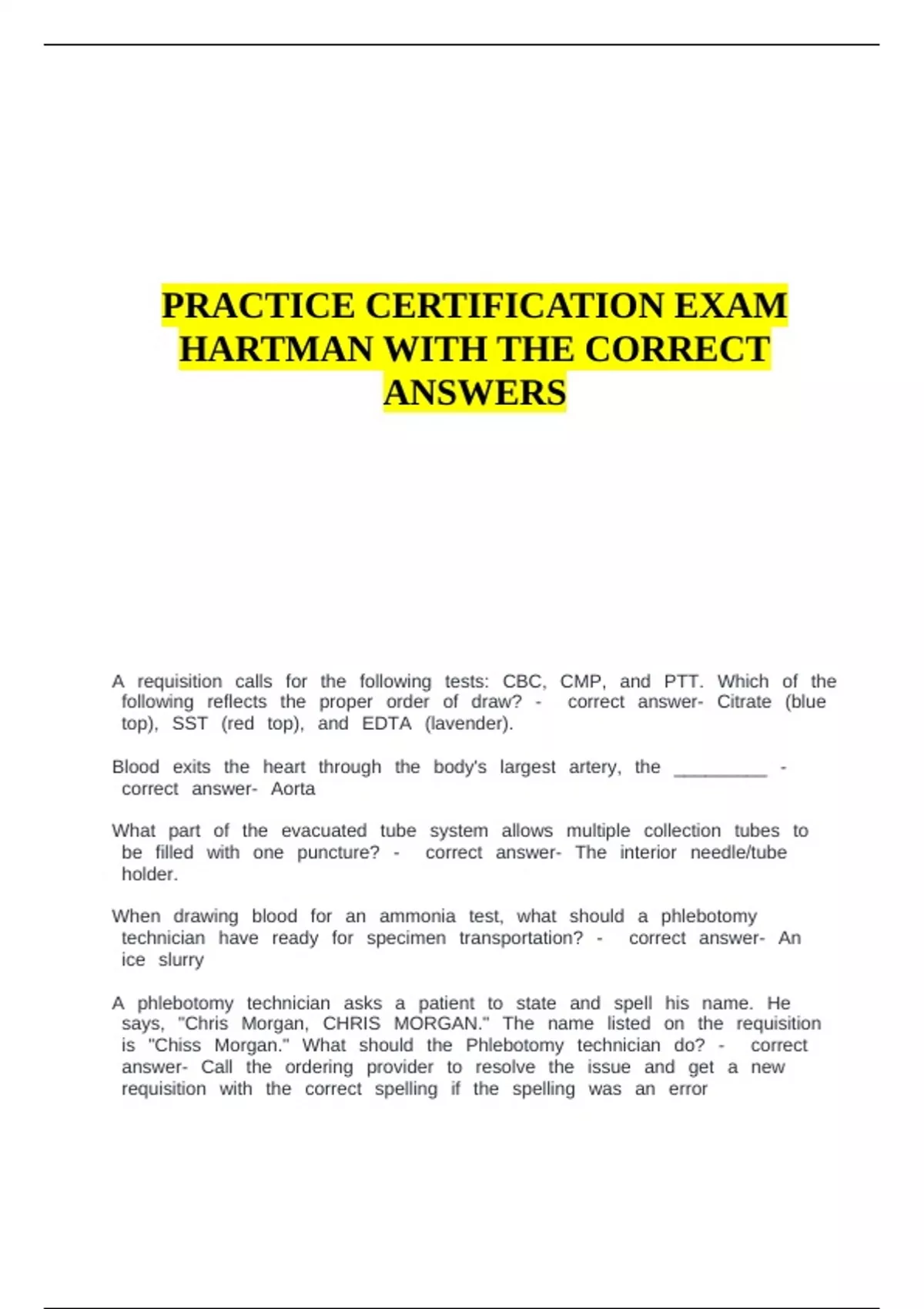 PRACTICE CERTIFICATION EXAM HARTMAN WITH THE CORRECT ANSWER - HARTMAN - Stuvia US